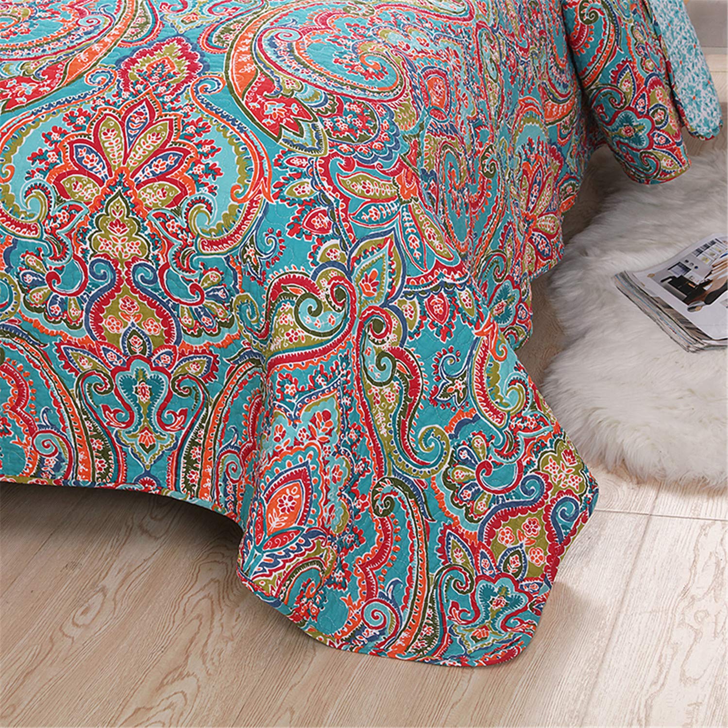 Newrara Jacquard Style Cotton 3 Pcs Patchwork Bedspread Boho Quilt Sets Queen Size(Red)