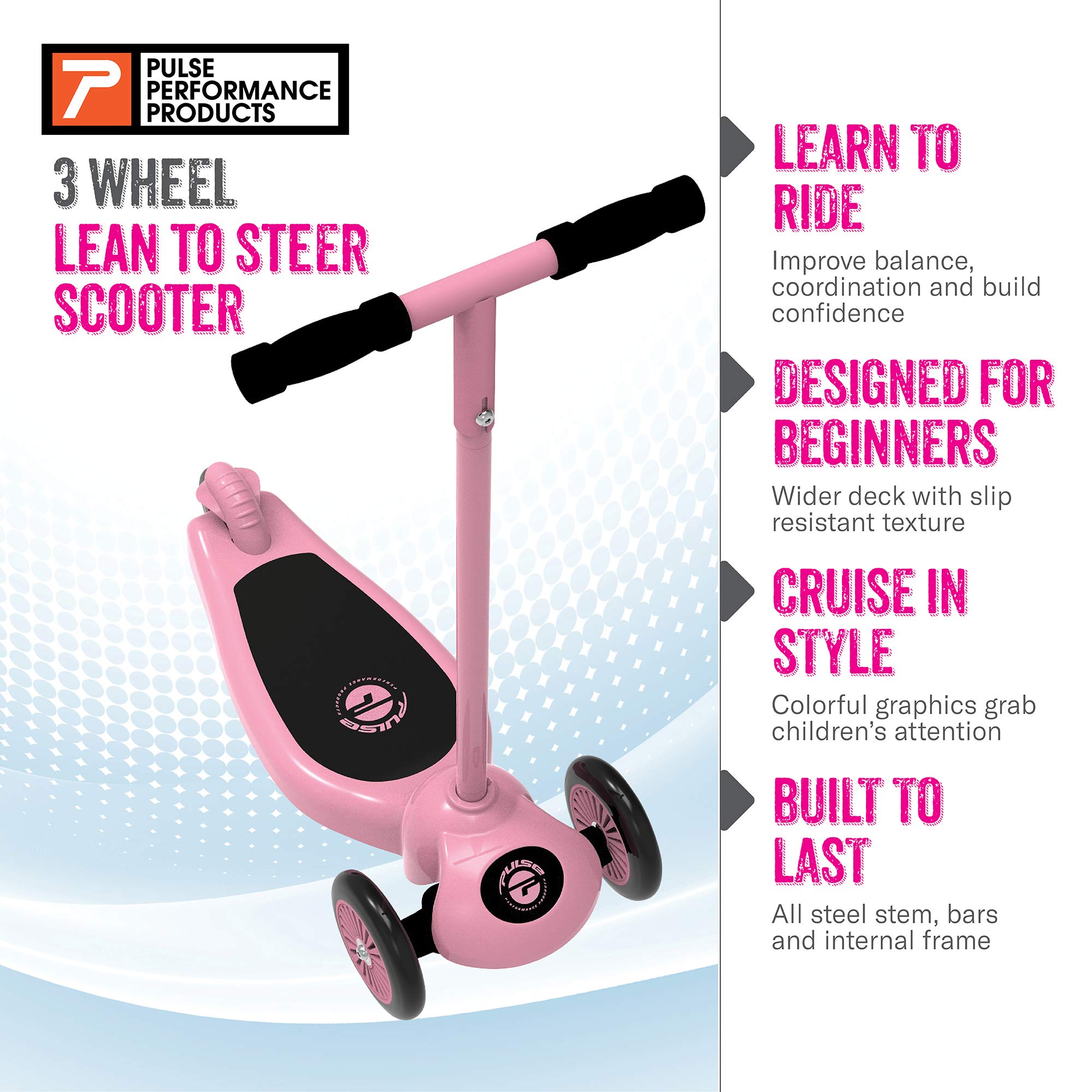 Pulse Performance Products 3 Wheel Lean to Steer Scooter Light Pink, 170654