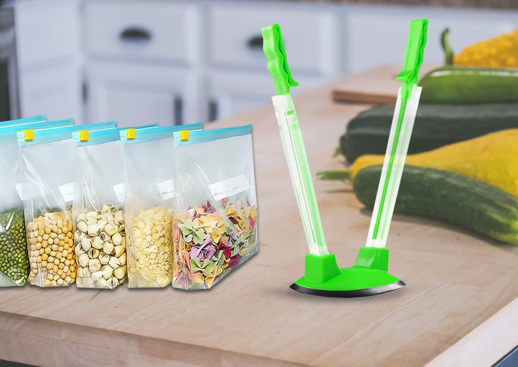 Staont Adjustable Baggy Rack, No-hands Food Storage Holders For Food Prep Bag, plastic Freezer Bag, Clip-Ideal Kitchen Gadget (Green, 2pcs)