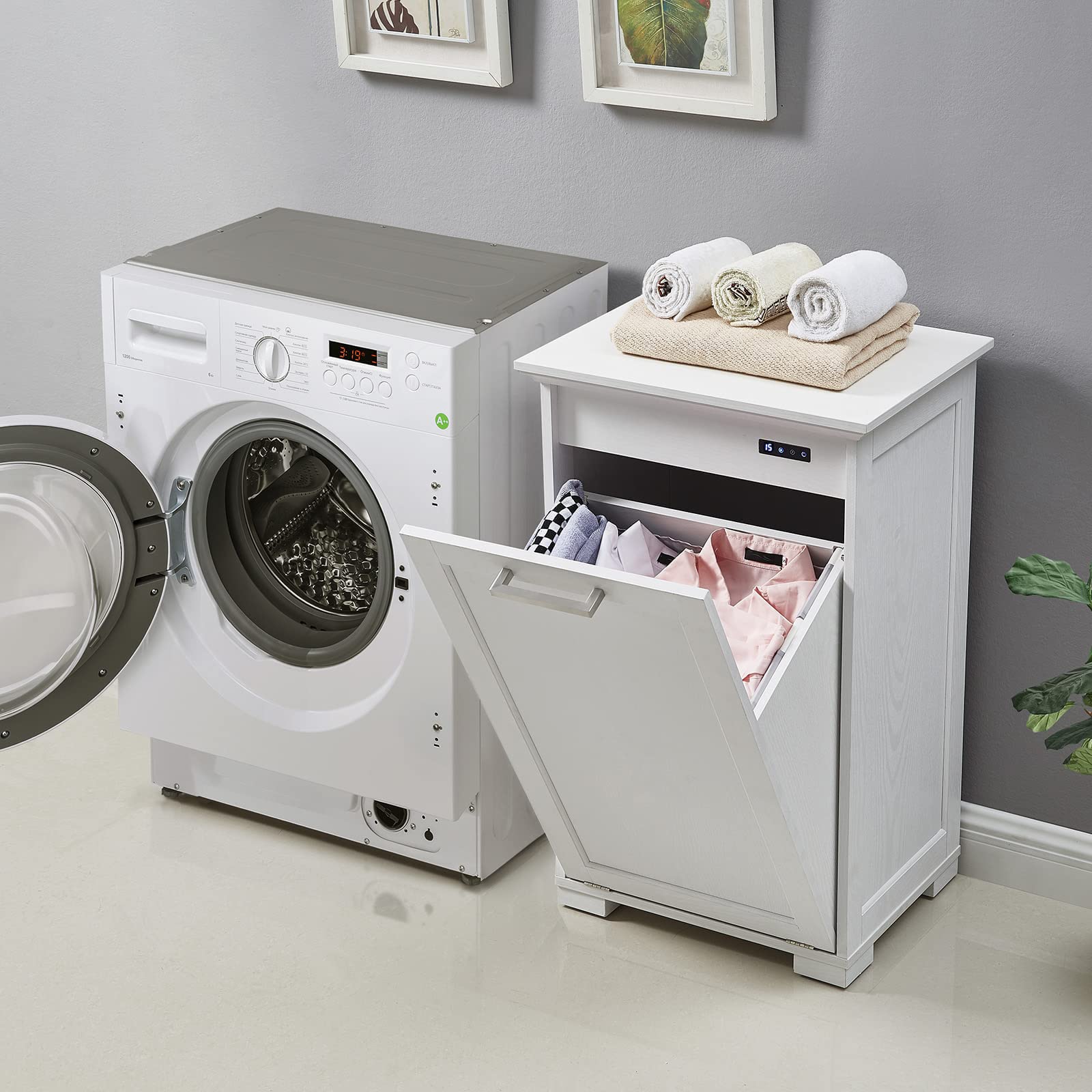 OLD CAPTAIN Tilt-Out Laundry Sorter Cabinet/Wooden Tilt Out Trash Cabinet, with Negative ion and deodorizing Function to Ensure The Cleanliness of The Kitchen Trash can(White)…
