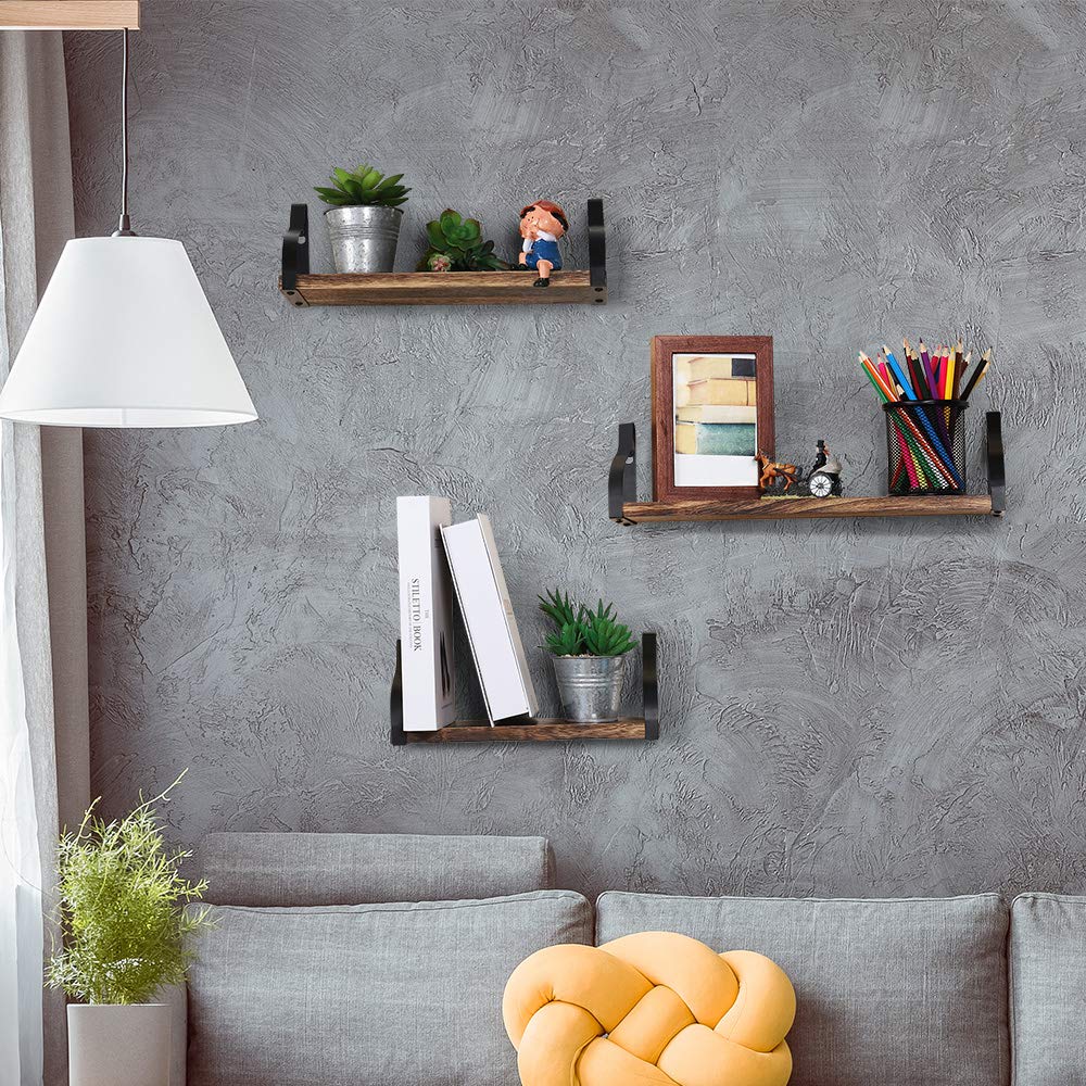 NEX Wall-Mounted Floating Shelves, Set of 3 Rustic Wood Wall Shelves for Living Room, Bedroom, Bathroom