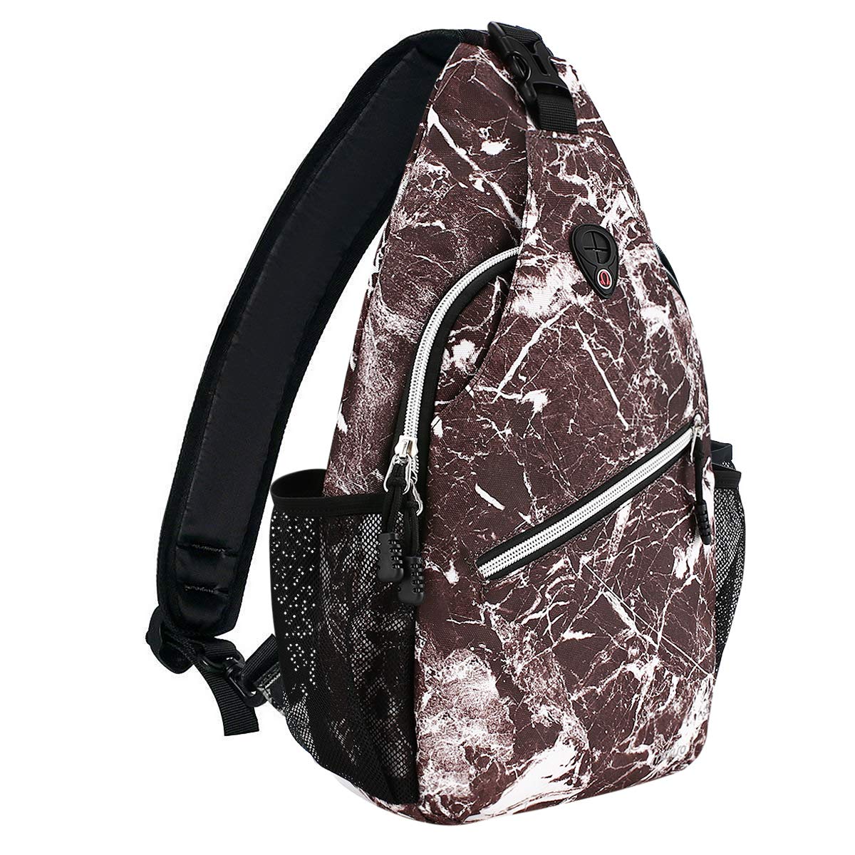 MOSISO 13 inch Sling Backpack, Multipurpose Hiking Daypack Outdoor Rope Crossbody Chest One Shoulder Bag, Brown Marble