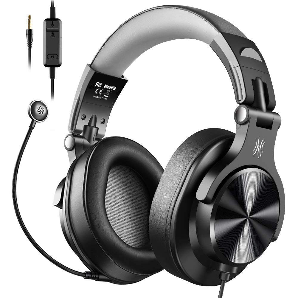 OneOdio A71 Portable Foldable Gaming Wired Over Ear Headphones with Stereo Sound and 360 Degree Boom Mic for PCs and Electronic Instruments, Black