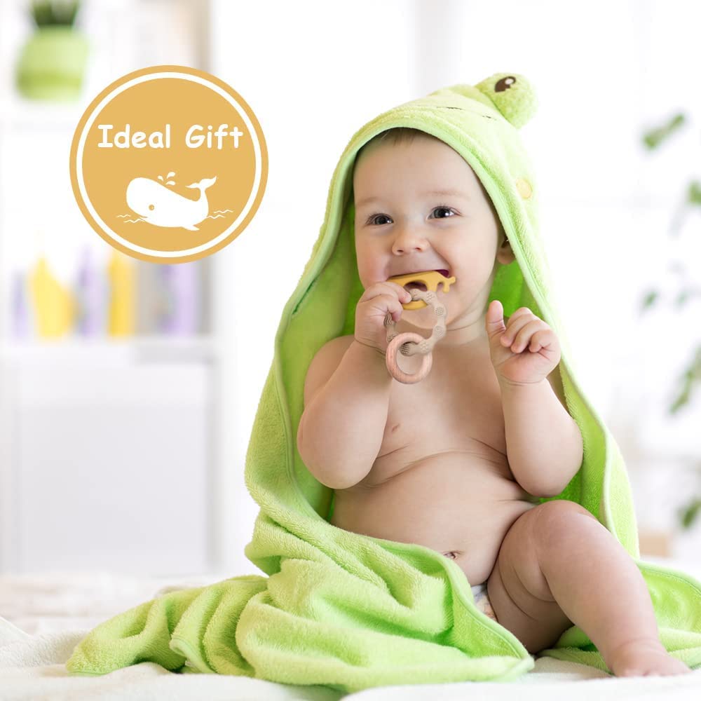 Vicloon Baby Teether Toys, Silicone & Natural Wood Teether Ring, Baby Teething Toys for Babies 0 Months+, Silicone Chewable Rings for Newborn Gift(Yellow)