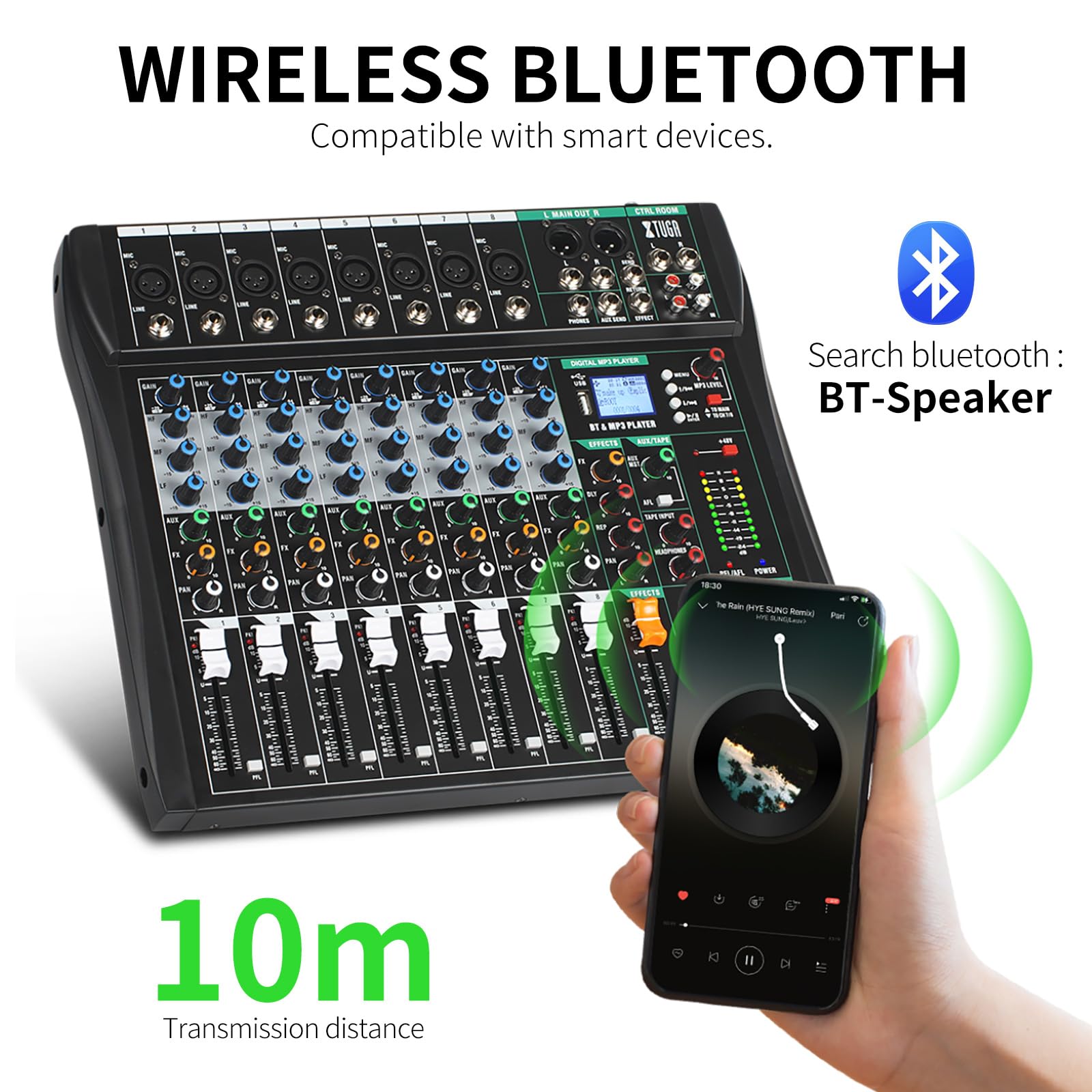 XTUGA CT80 8-Channel Professional Audio Mixer for Computer Recording Sound Controller Interface Built-in Digital Effect Studio Mixer with 48V Phantom Power,RCA Input/Output,MP3,Bluetooth,EQ
