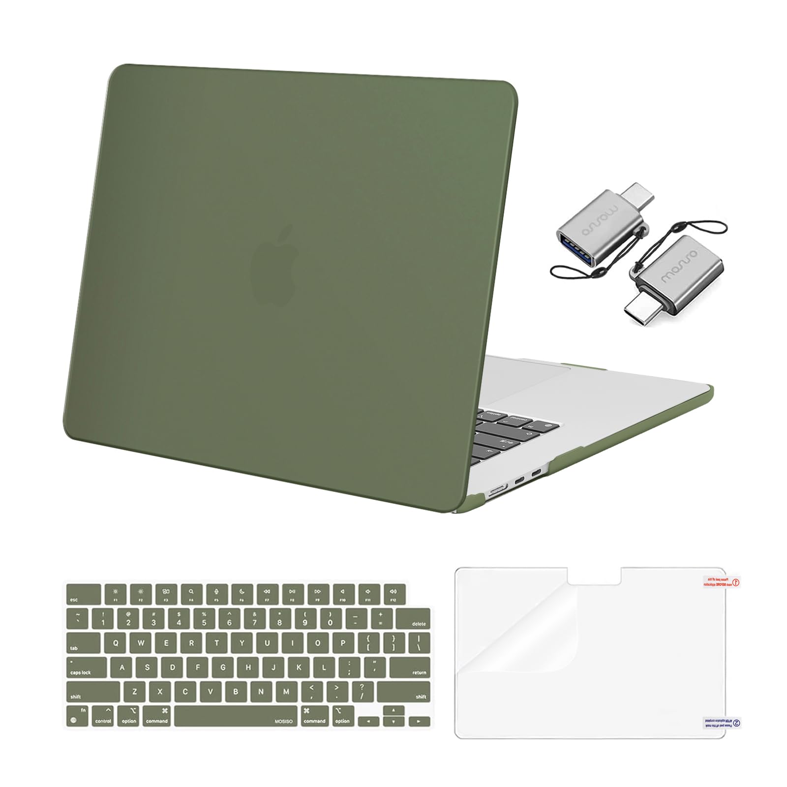MOSISO Compatible with MacBook Air 15 inch Case 2023 2024 Release M3 A3114 M2 A2941 Liquid Retina Display Touch ID, Plastic Hard Shell Case&Keyboard Cover&Screen Protector&Type C Adapter, Army Green