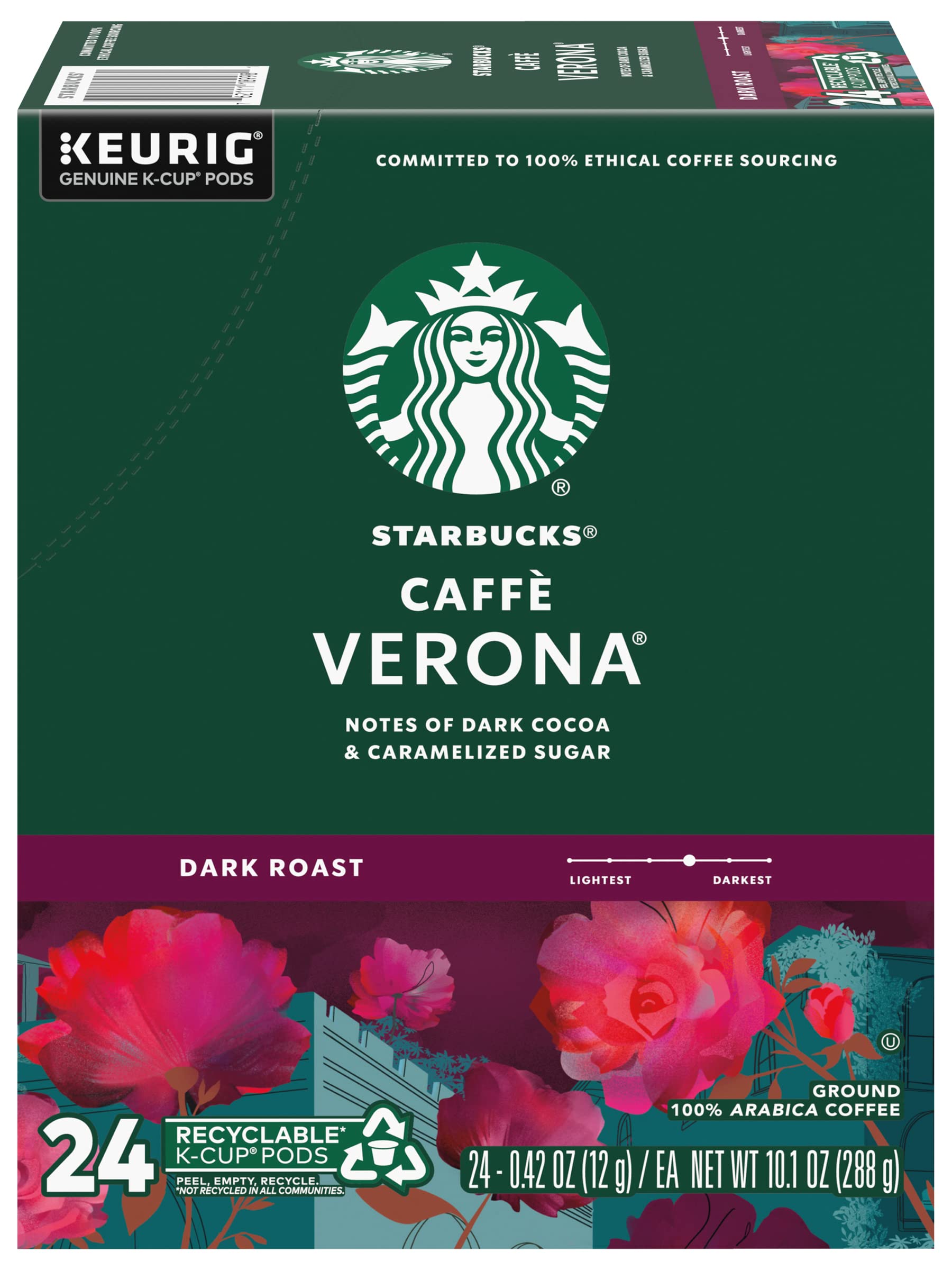 Starbucks Coffee K-Cup Pods, Caffè Verona, Dark Roast Coffee, Notes of Dark Cocoa & Caramelized Sugar, Keurig Genuine K-Cup Pods, 24 CT K-Cups/Box (Pack of 2 Boxes)