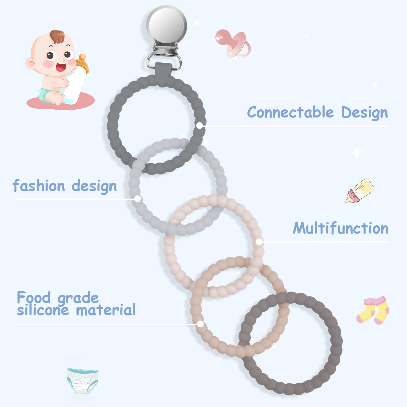 Vicloon Silicone Baby Teether Linking Rings,Silicone Teether Toy for Baby,Baby Toy Rings with Pacifier Clip,Attachable Teether Chew Toy for 3-6 Months,Baby Toy Rings Links for Stroller&Activity