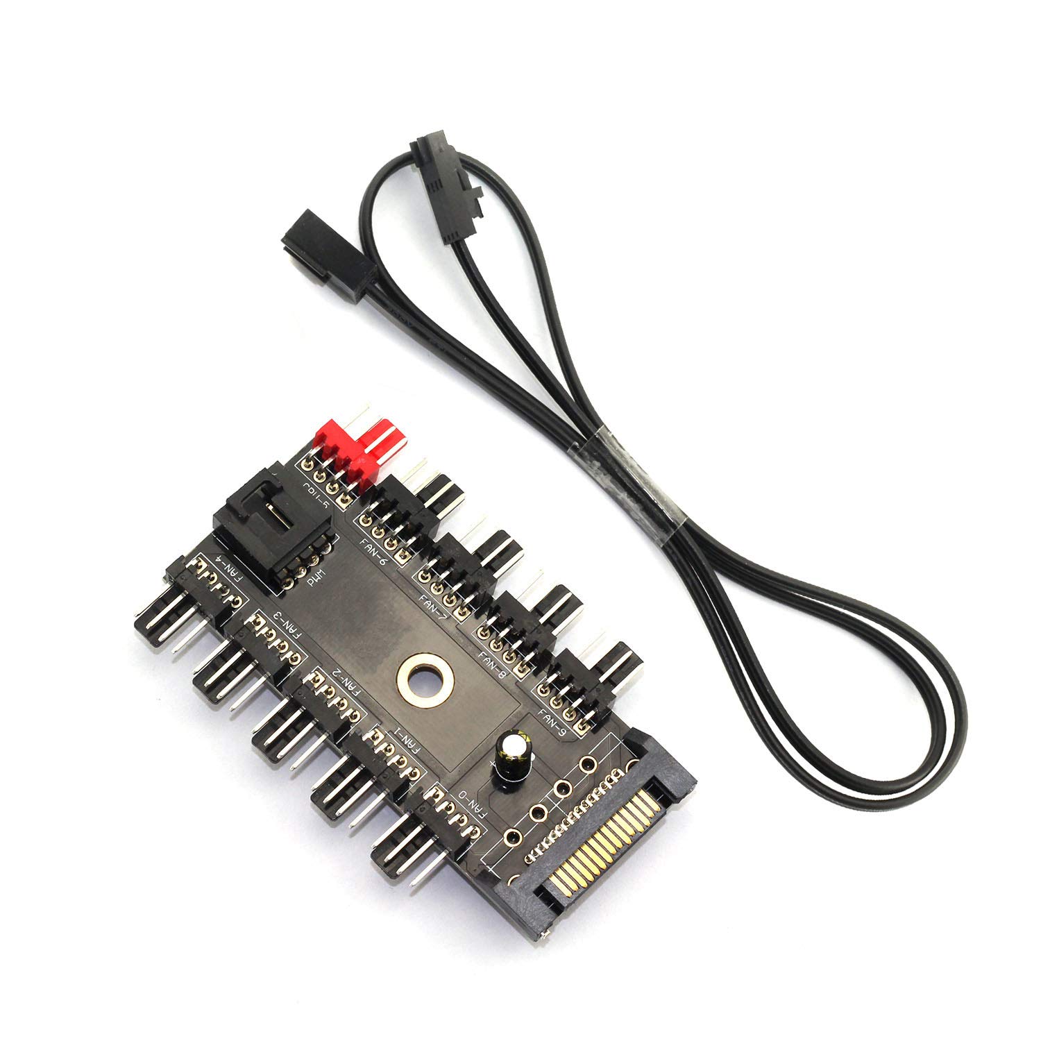 Maxmoral 1-Pack 10 Way 4Pin PWM PC Fan Hub with Cable Computer Cooling Fan Power Cable Extender PCB Adapter SATA 1 to 10 Multi Way Splitter