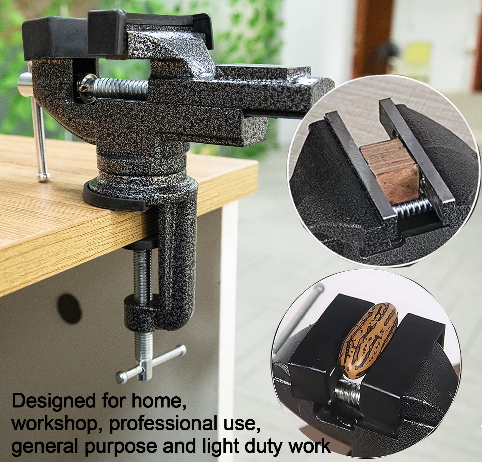 Universal Table Vise 3 Inch, Home Vise Clamp-on Portable Bench Clamp, 360° Swivel Base Clamps Fixed Tool for Woodworking, Handcraft Creations, Metalworking, Cutting Conduit, Drilling, Sawing (Black)