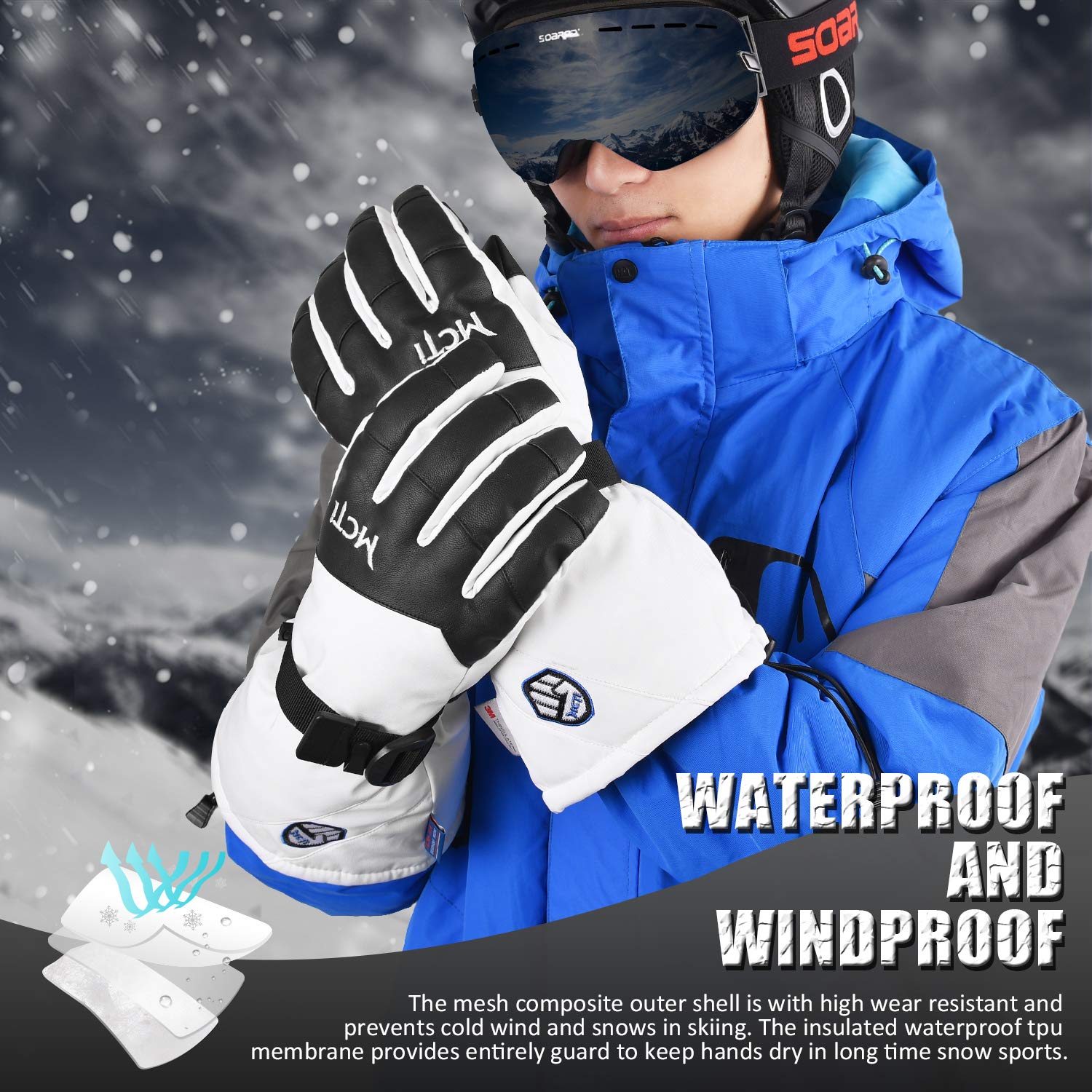 MCTi Waterproof Ski Snowboard Gloves Touchscreen PU Leather Winter Gloves with Wrist Leashes
