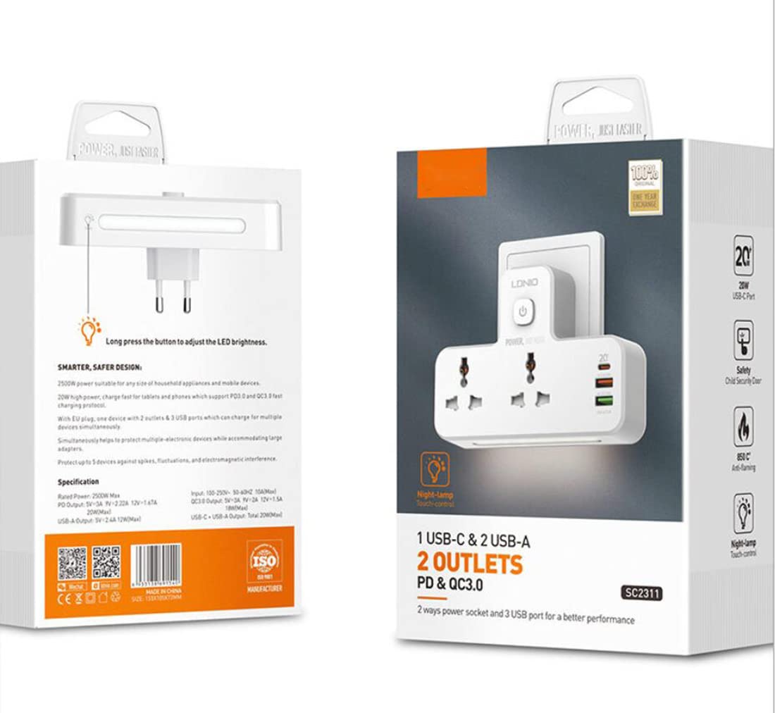 Wall Mount Outlet Extender with 3 USB Charging Port (1 USB C Port) Power Strip with a Touch-Control LED Night Light Max 10A 2500W Flat Plug Universal Socket Spaced Outlet