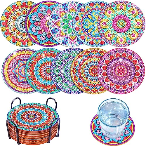 MONKLE 10 Pcs Coasters Kits with Dimensional Holder, DIY Cat Coaster Diamond Art Kits Non-Slip Coaster for Beginners, Kids and Adults Art Craft Supplies Gift (10 Pcs Mandala)