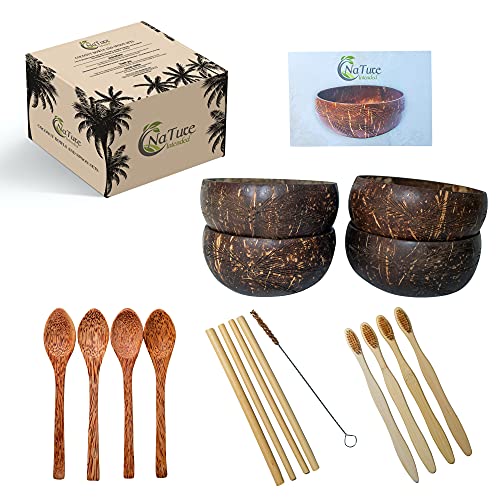 Patterned Jumbo Organic Coconut Bowls with Spoons (coconut bowl), Bamboo Straws, Straw brush and Bamboo Toothbrush (4Pack), Vegan buddha bowl Gifts set. Smoothie bowls, coconut bowls for smoothies.