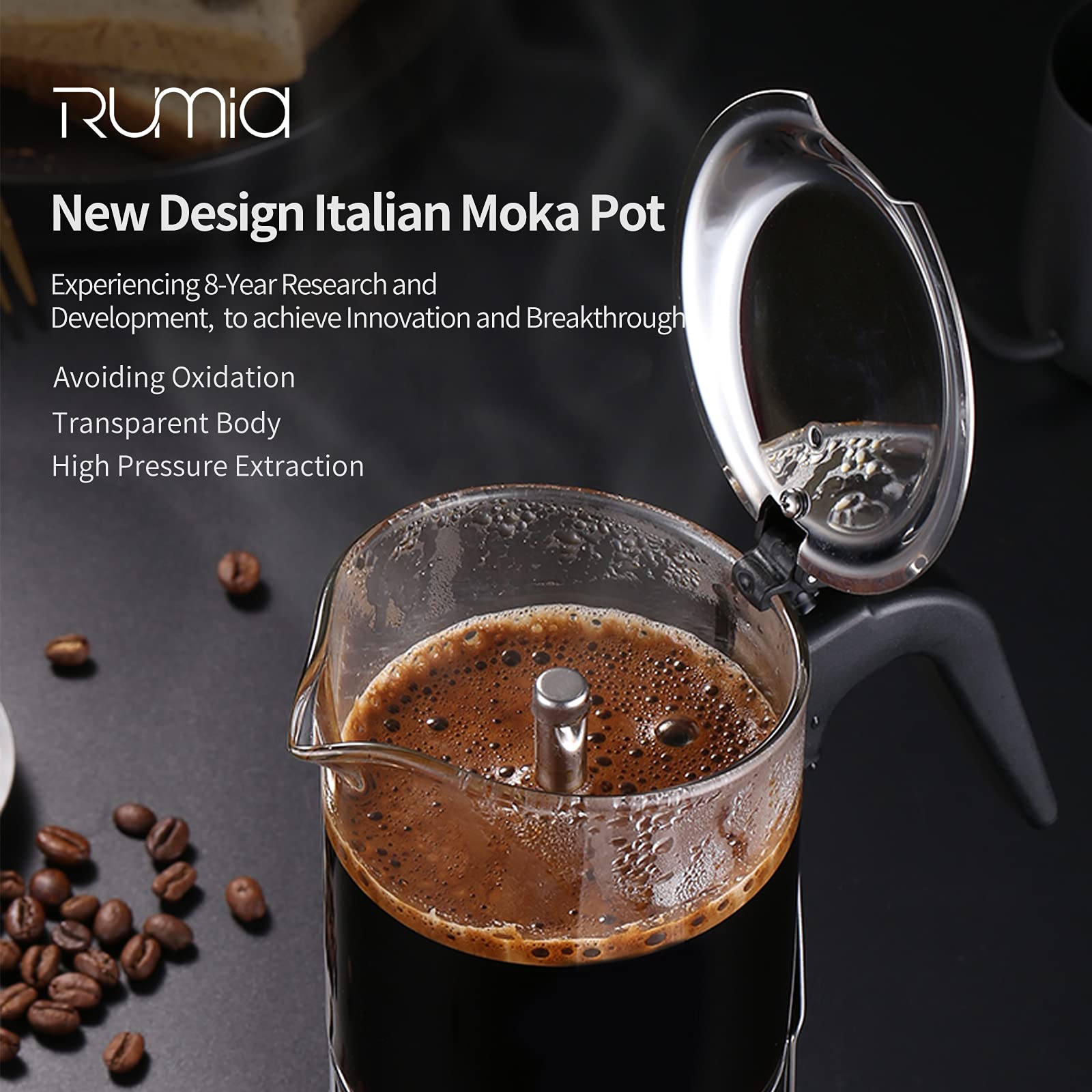 Rumia Stainless Steel &Glass Stovetop Moka Pot,Classic Italian Style Espresso Cup Moka Pot,Easy to Operate & Quick Cleanup Moka Pot (6 Cup)