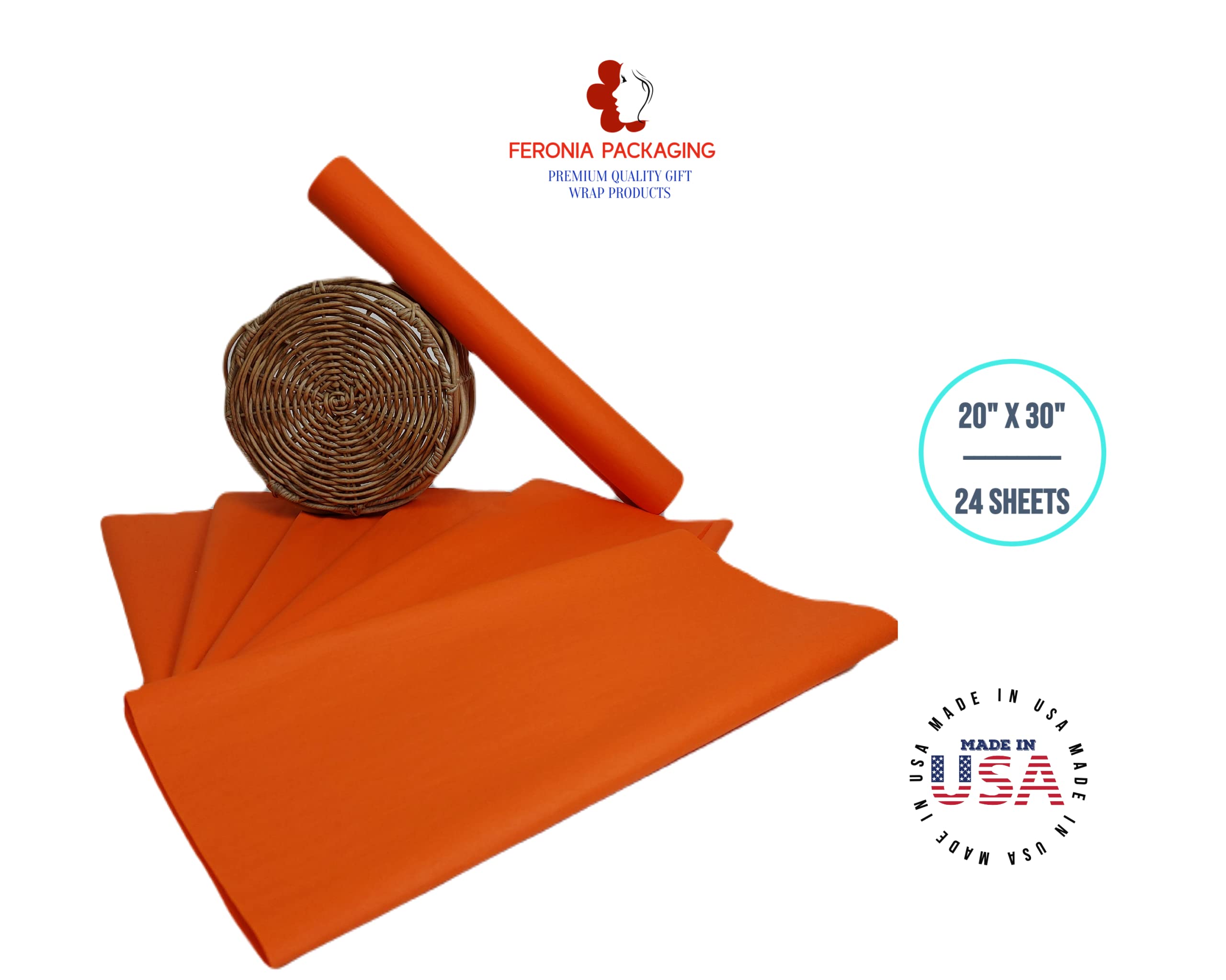 Orange Tissue Paper Squares, Bulk 24 Sheets, Premium Gift Wrap and Art Supplies for Birthdays, Holidays, or Presents by Feronia packaging, Large 20 Inch x 30 Inch