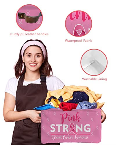 Pink Ribbon Storage Baskets for Organizing, Breast Cancer Awareness Women Bow Fabric Storage Bins for Shelf, Collapsible Cube Bin with Handles for Closet(15''x11''x9.5'')