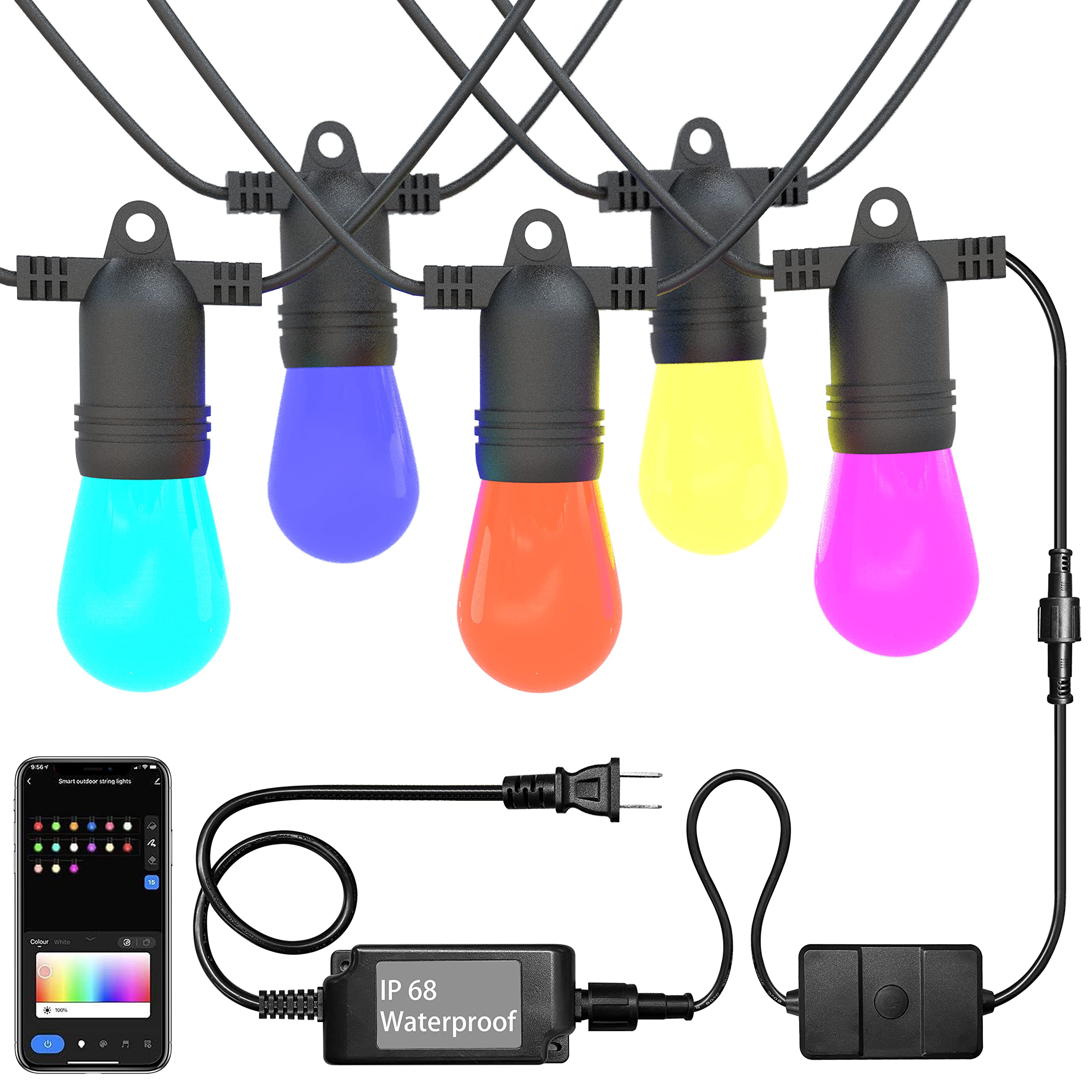 SUNTHIN Smart String Lights, 100FT Colored Patio Lights Work with Alexa & Google Assistant, 30 Shatterproof RGBW Bulbs, Waterproof Hanging Lights for Outdoor Patio, Backyard, Porch, Deck, Pool, Party