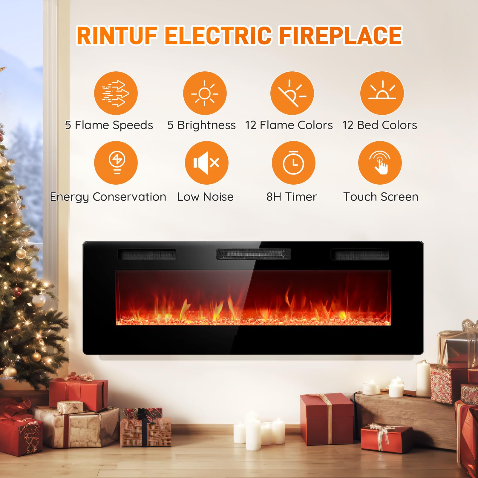 Rintuf Electric Fireplace, 60ββ Recessed & Wall Mounted Electric Fireplace Inserts, Wall Fireplace Electric with Remote Control, Low Noise, Touch Screen, Adjustable Flame Color/Speed, 750/1500W