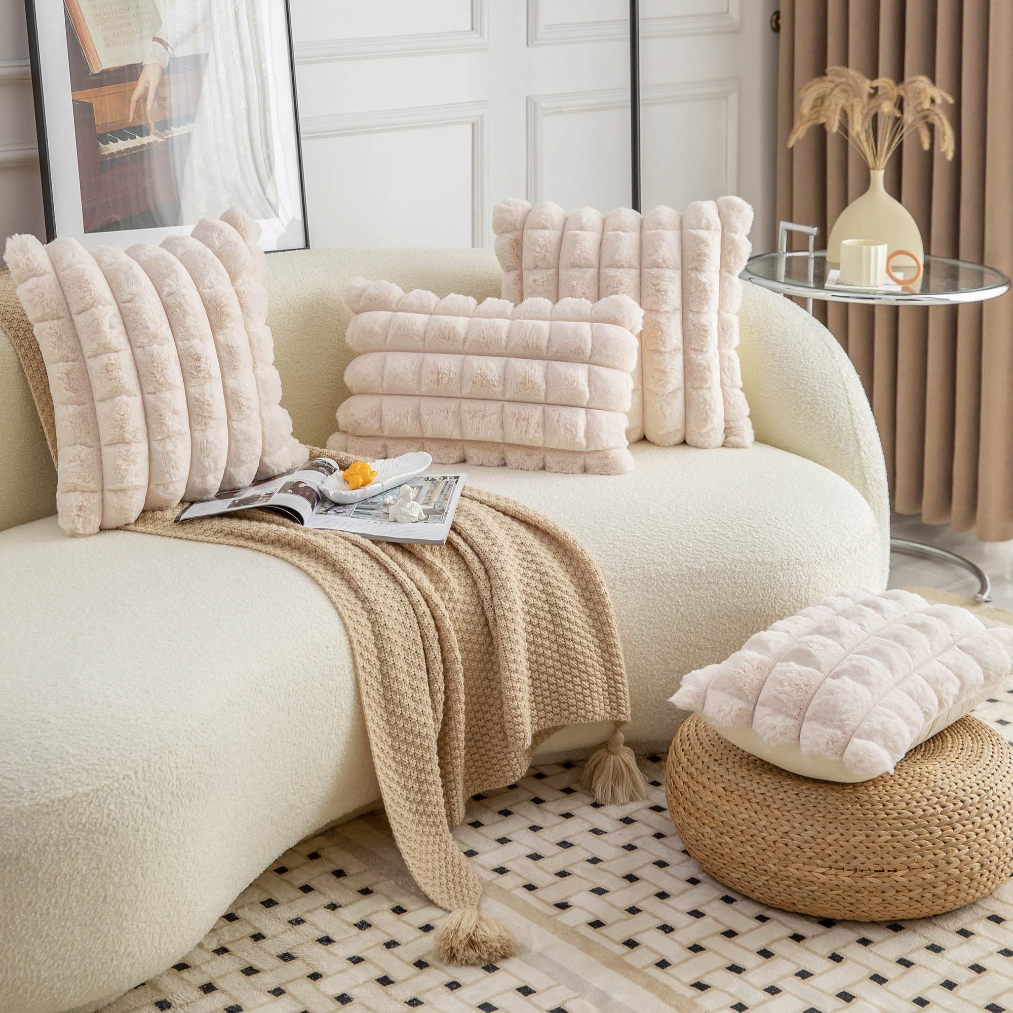 Neelvin Cream White Faux Fur Cozy Soft Plaid Decorative Throw Pillow Covers 18x18 inch Set of 2,Velvet Pillowcase Cushion Case for Sofa Couch
