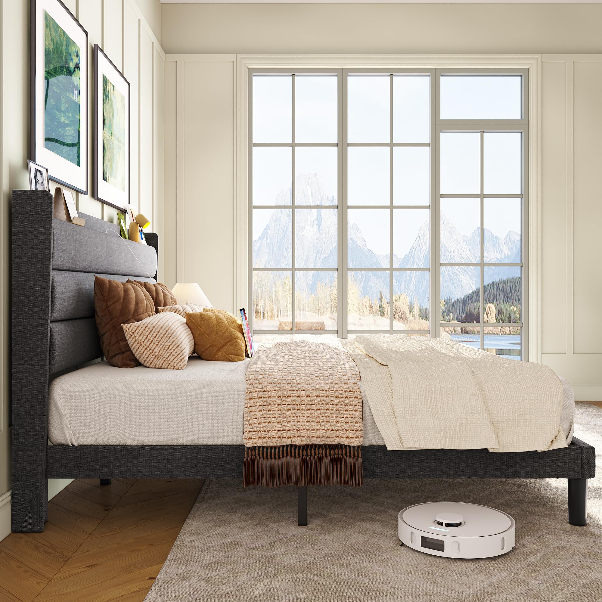 LIKIMIO King Size Bed Frame, Storage Headboard with Outlets, Sturdy and Stable, No Noise, No Box Springs Needed, Dark Gray