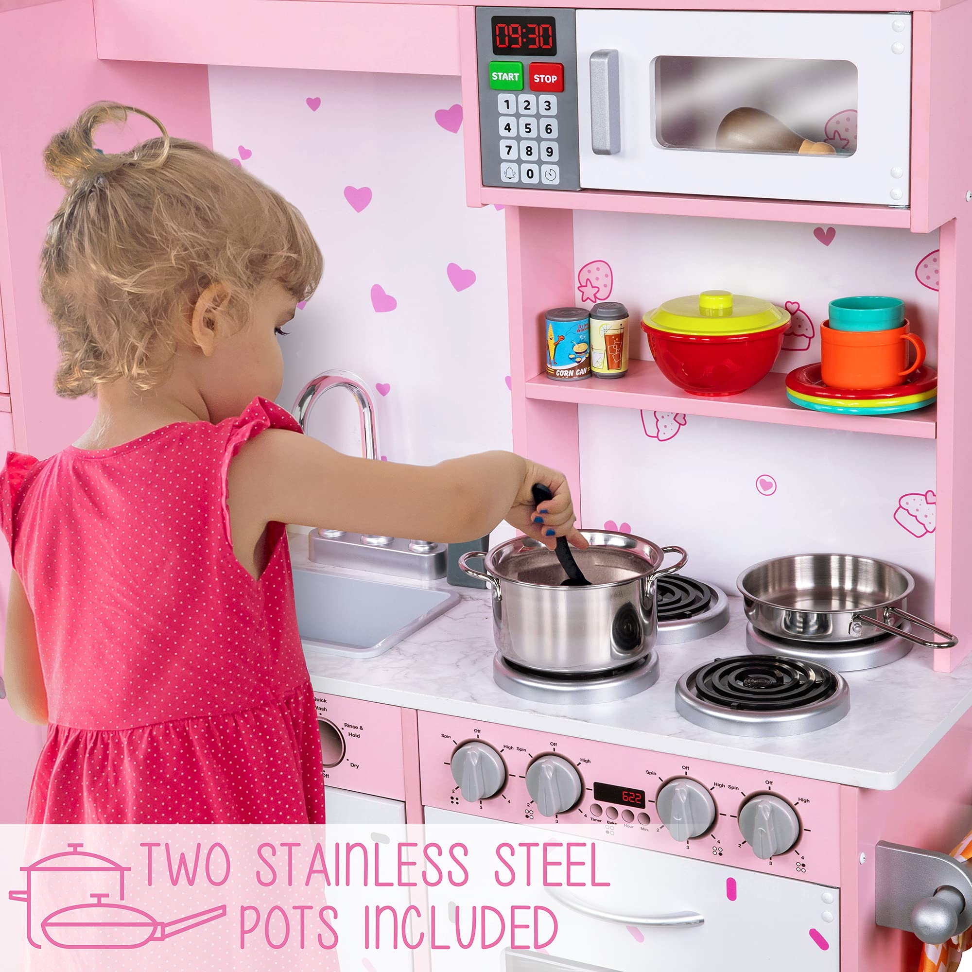 Lil' Jumbl Kids Kitchen Set, Pretend Wooden Play Kitchen, Battery Operated Icemaker & Microwave with Realistic Sound, Pots & Pan Included - Pink