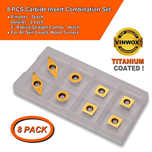 TITANIUM Coated Replacement Wood Turning Carbide Tip Set for VINWOX 3 PCS & 4 PCS Carbide Turning Tool Set, 2 of each Finisher, Detailer, 4 of 2" Straight/Radius Combo, Pack of 8