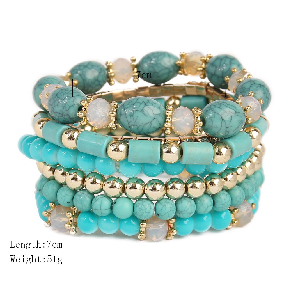 Multi Strand Bead Layering Statement Bracelets - Colorful Beaded Stretch Bangles, Heart/Leaf/Tassel Charm (Bohemian Mix - Gray)