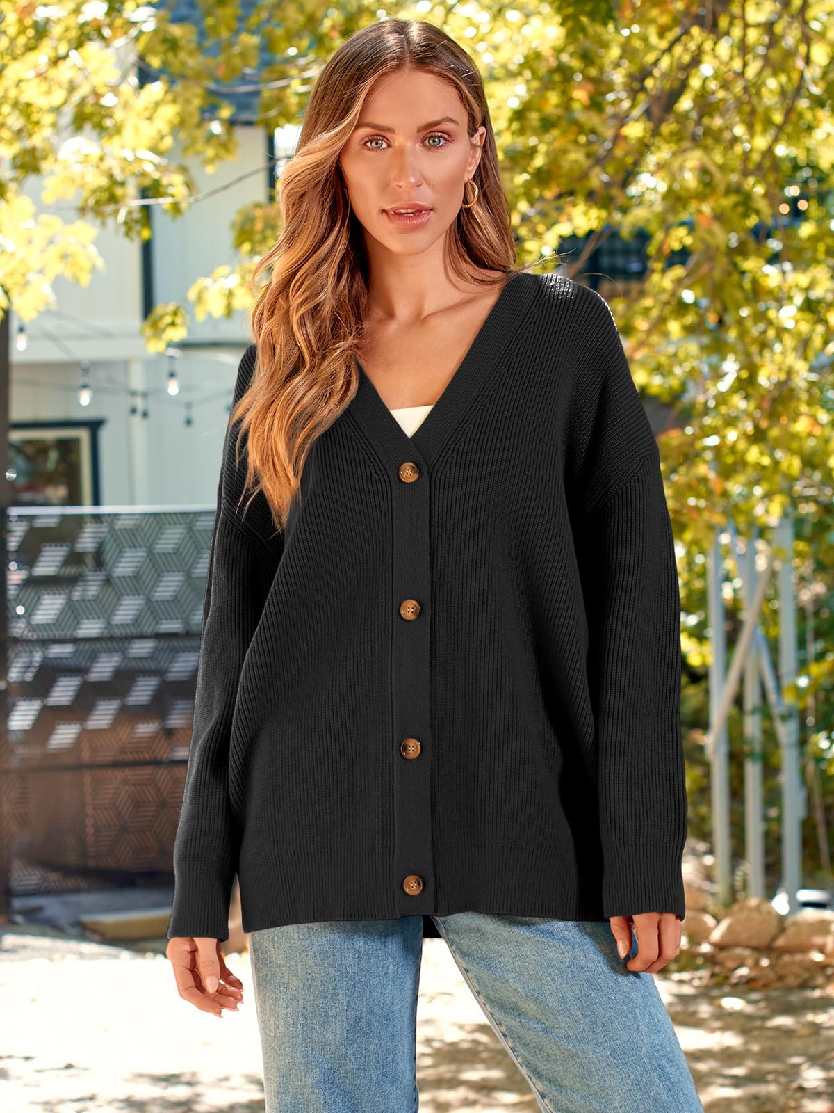 LILLUSORY Women Oversized Cardigan Sweater Fall Outfits Cloth Fashion 2024 V Neck Long Cashmere Knit Button Front Trendy Tops Black