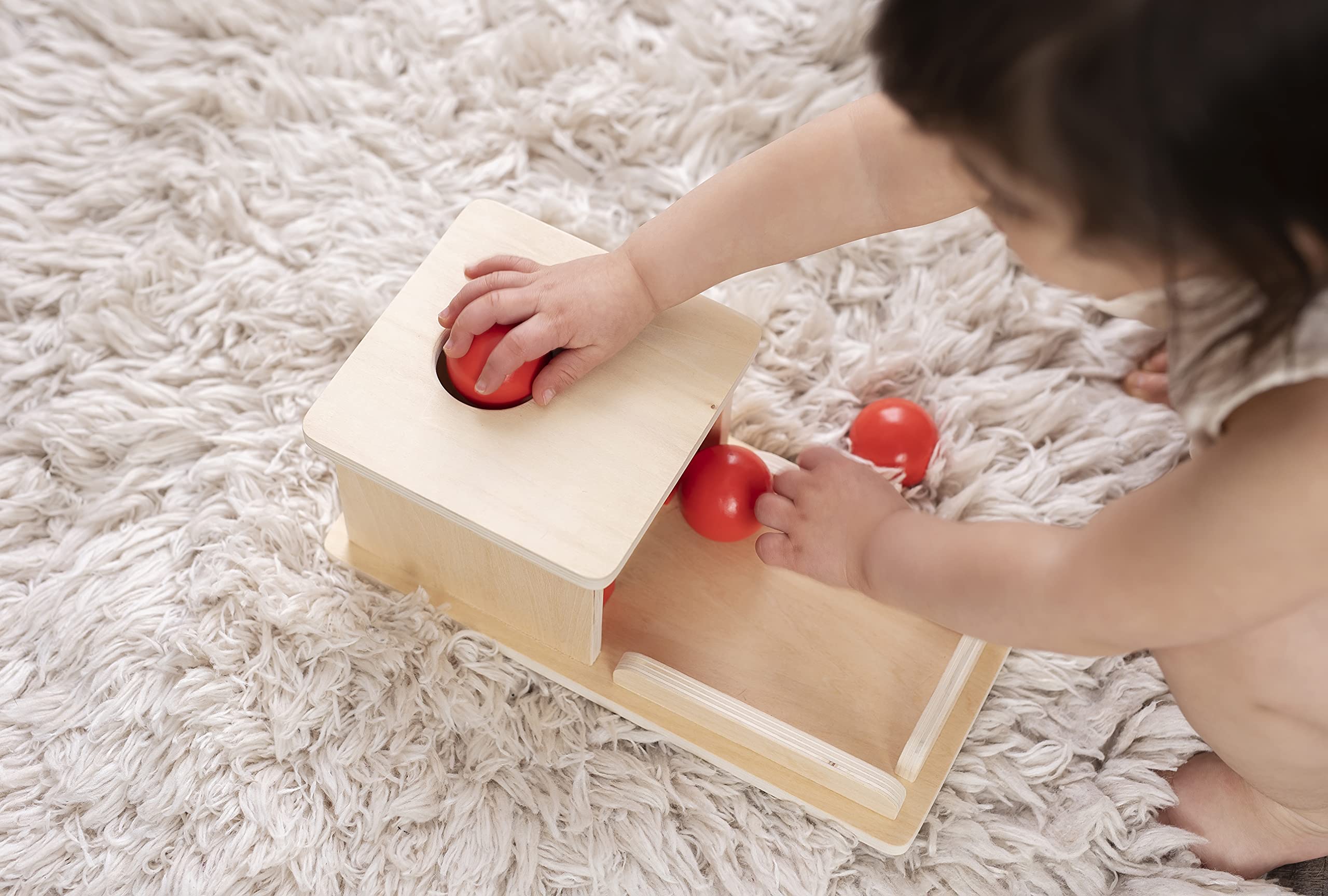 Montessori Object Permanence Box Wooden Toy Tray and Ball Drop w/ Three (3) Balls Baby First Learning Toys Imbucare Box