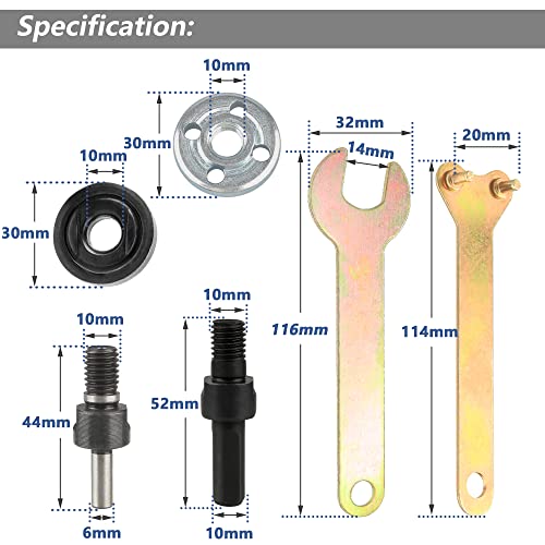 Yakamoz Drill Angle Grinder Adapter with Flange Nut Parts Set, 6mm and 10mm Drill Arbor Mandrel Adaptor with 3 Set Replacement Grinder Flange Nuts and Spanner Wrench Conversion Tool