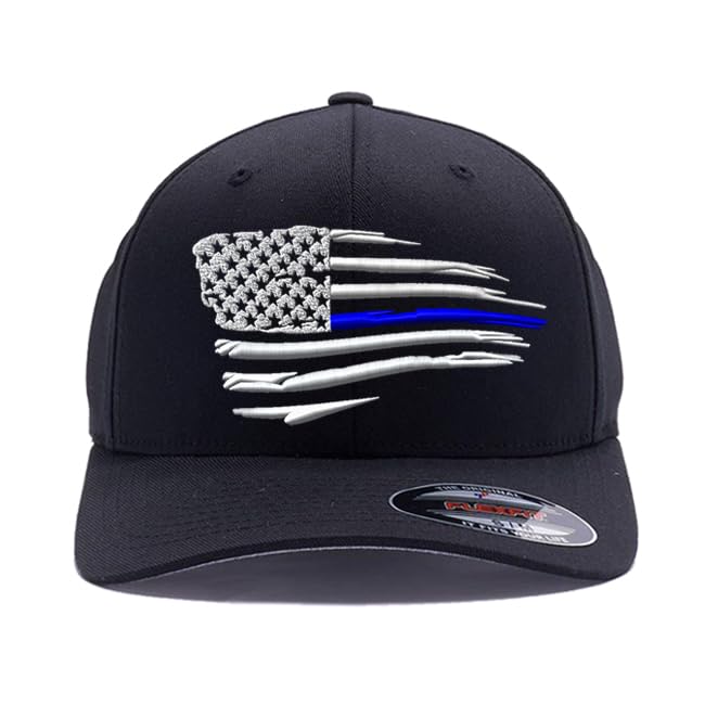 Thin Red Line and Thin Blue line Waving USA Flag. Embroidered, Flex fit 6280 Wooly Combed Twill Cap hat (Black - Blue Line, S/M)