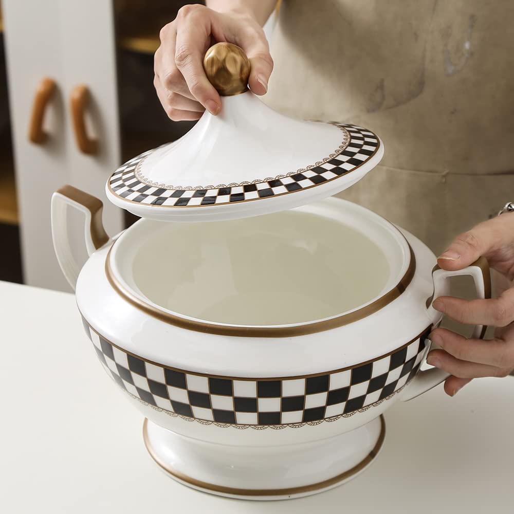 Porlien Checker Dinner Serving Set with Soup Tureen, Soup Ladles, Gravy Boat with Ladle and Stand and Salt & Pepper Shaker