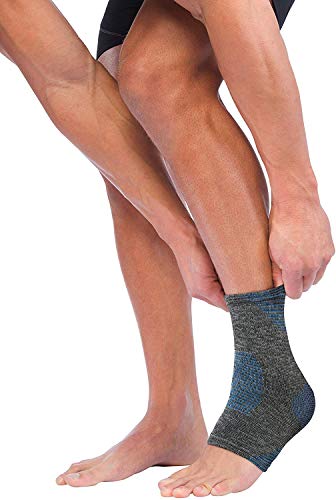 MUELLER Sports Medicine Four Way Ankle Support Compression Sleeve for Men and Women, Black/Blue, Medium/Large