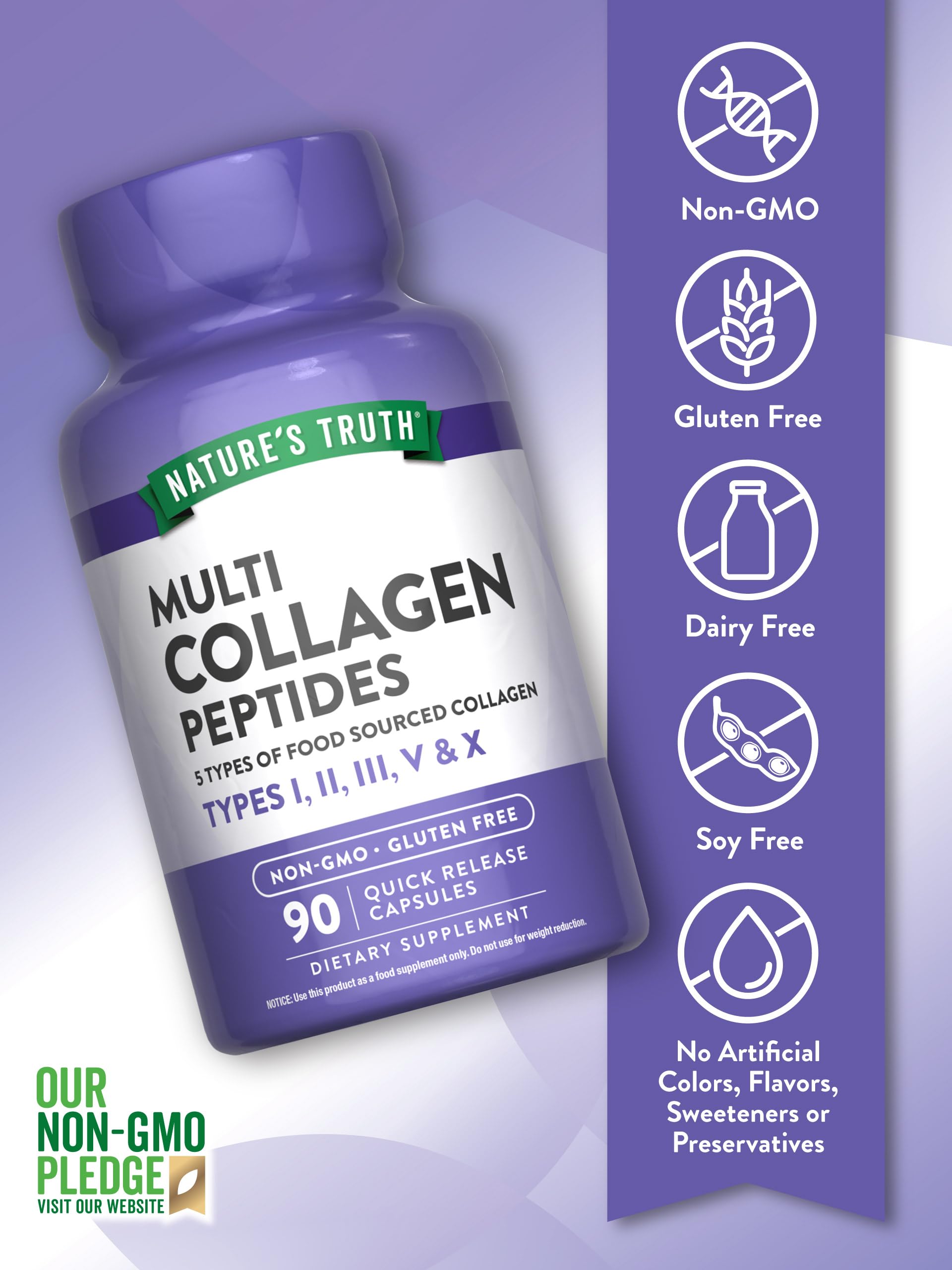 Nature's Truth Multi Collagen Peptides Capsules | Types I, II, III, V, X | 2000 mg | 90 Count | Keto Friendly | Non-GMO and Gluten Free Supplement
