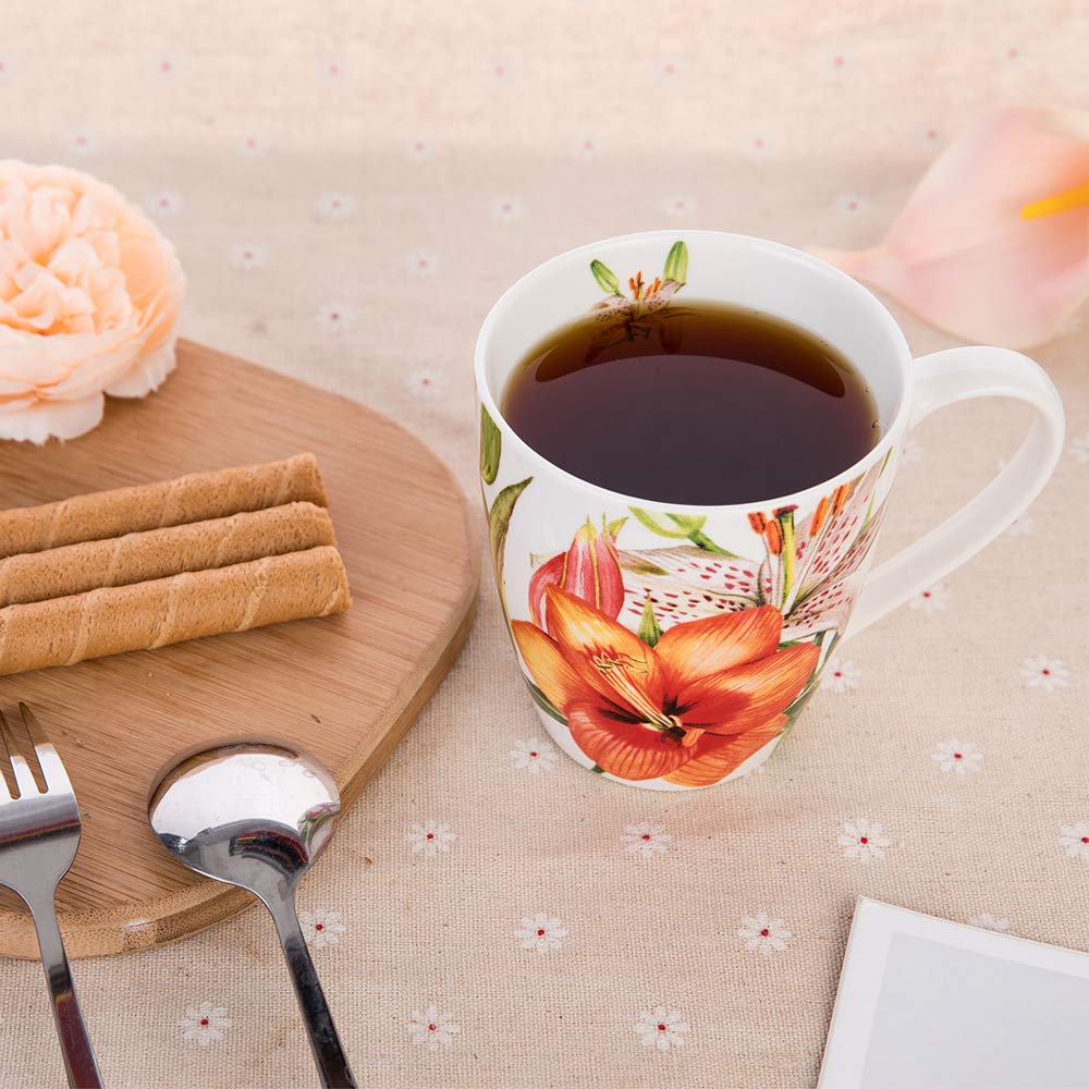 PULCHRITUDIE 12 Oz Coffee Tea Mugs Set, Fine Porcelain Floral Design, Set of Four