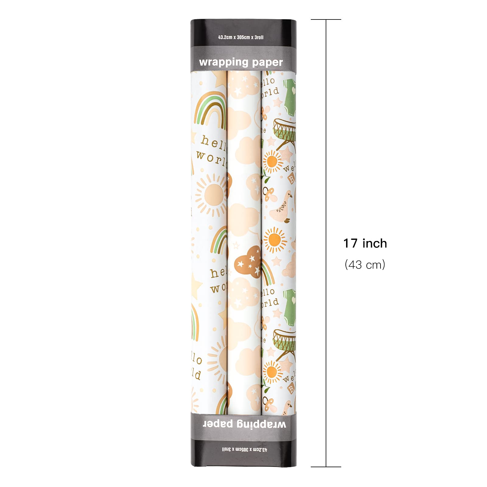 LeZakaa Baby Shower Wrapping Paper Roll - Mini Roll - Baby Suit/Rainbow, Sun/Cloud for Baby Boy, Girl - 17 x 120 inches - 3 Rolls (42.5 sq.ft.ttl.)