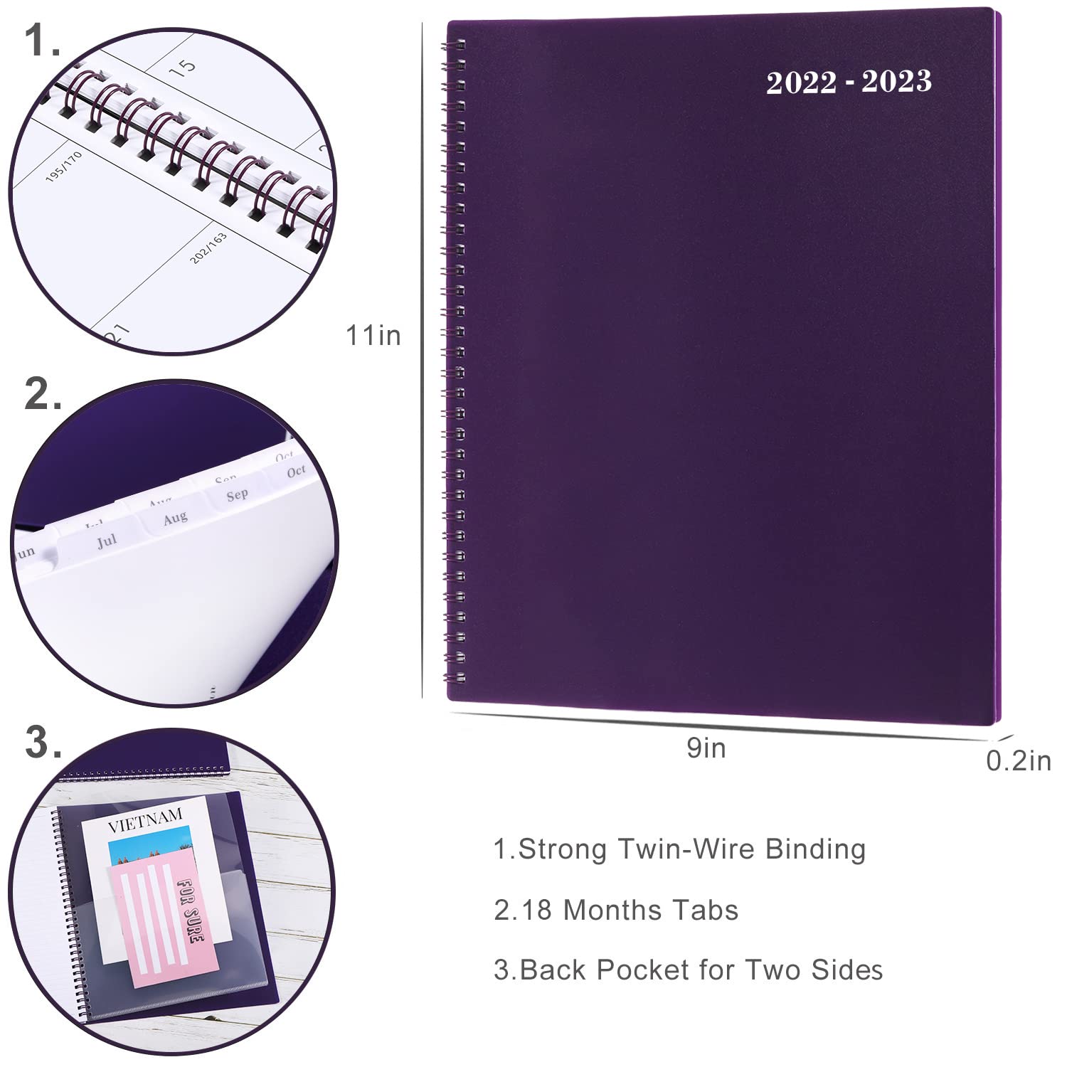 Monthly Planner 2022-2023 - 18-Month Planner with Tabs, Pocket, Label, Contacts and Passwords, 8.5" x 11", Jan. 2022 - Jun. 2023, Twin-Wire Binding - Purple by Artfan