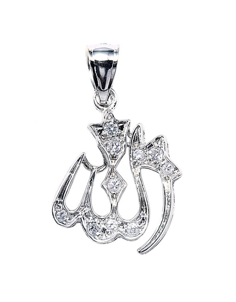 Middle Eastern Jewelry 925 Sterling Silver CZ-Accented Islamic Allah Charm Pendant