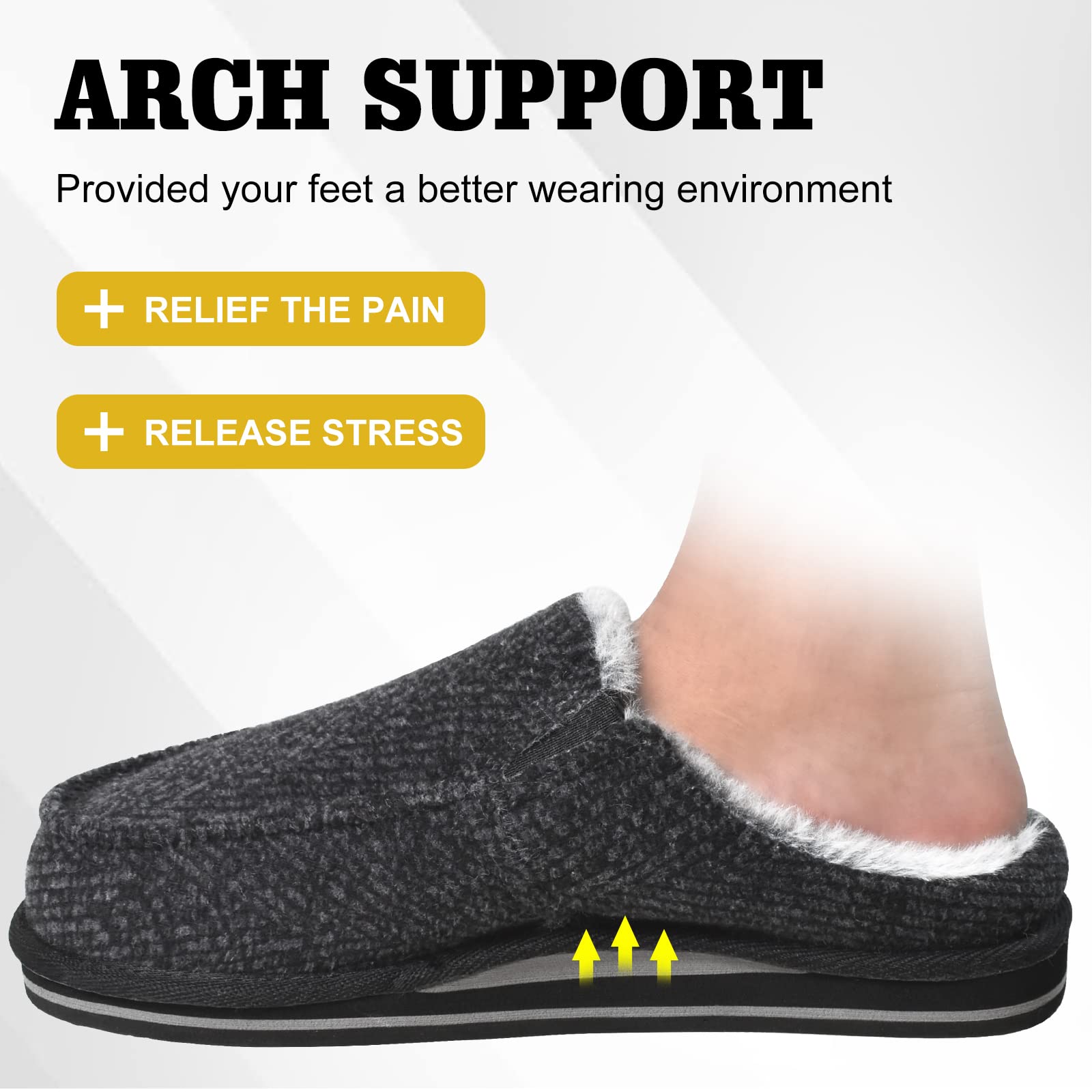 ONCAI Mens Slippers with Orthotic Arch Support,Cotton-Blend High-Density Memory Foam Plantar Fasciitis House Slippers Warm Stripe Faux Fur Clogs Slip-on Indoor Outdoor Rubber Sole BlackSize 10
