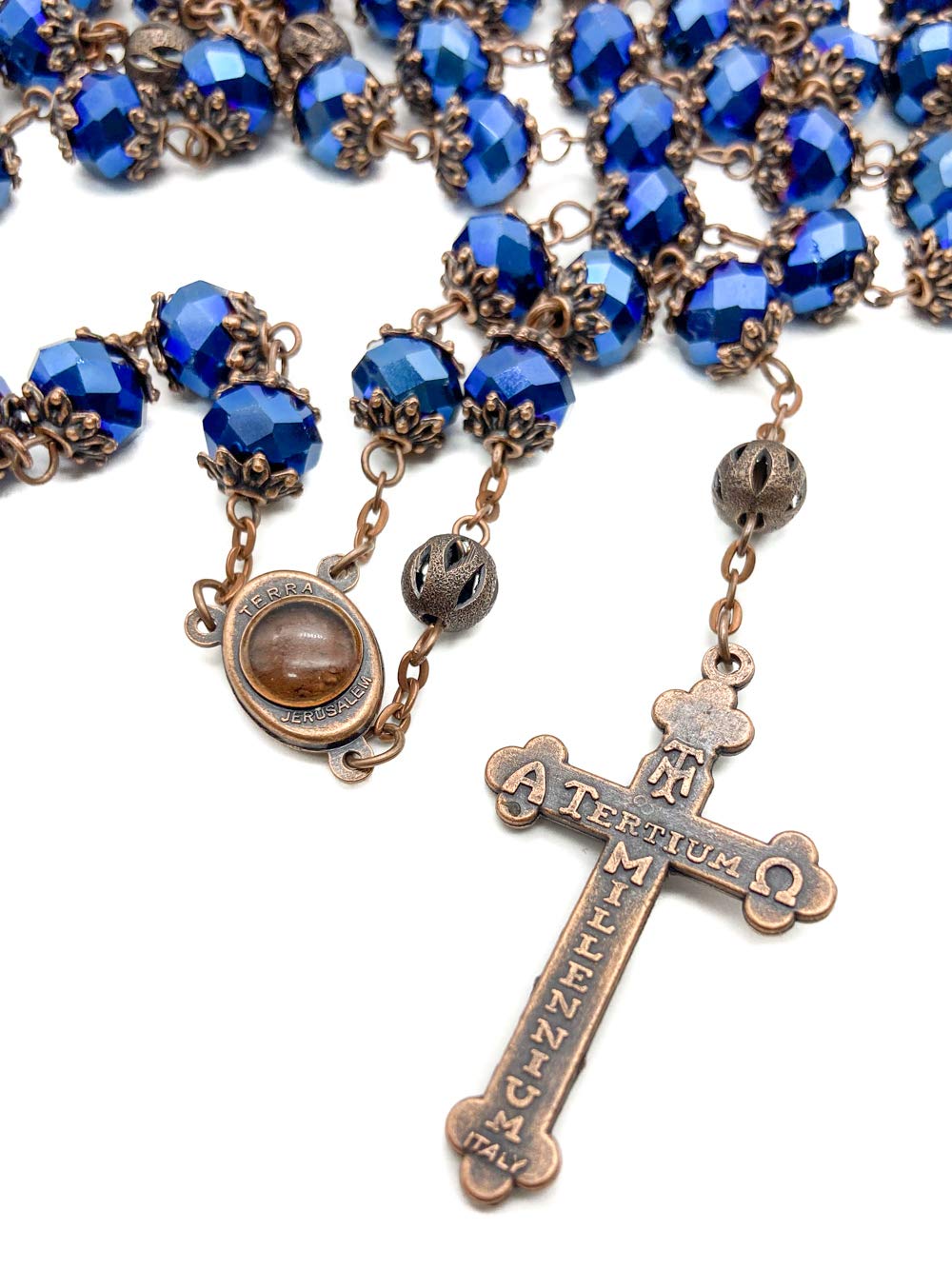 Nazareth Store Men Deep Blue Crystallized Beads Rosary Handmade Prayer Necklace Holy Soil Medal and Cross Crucifix