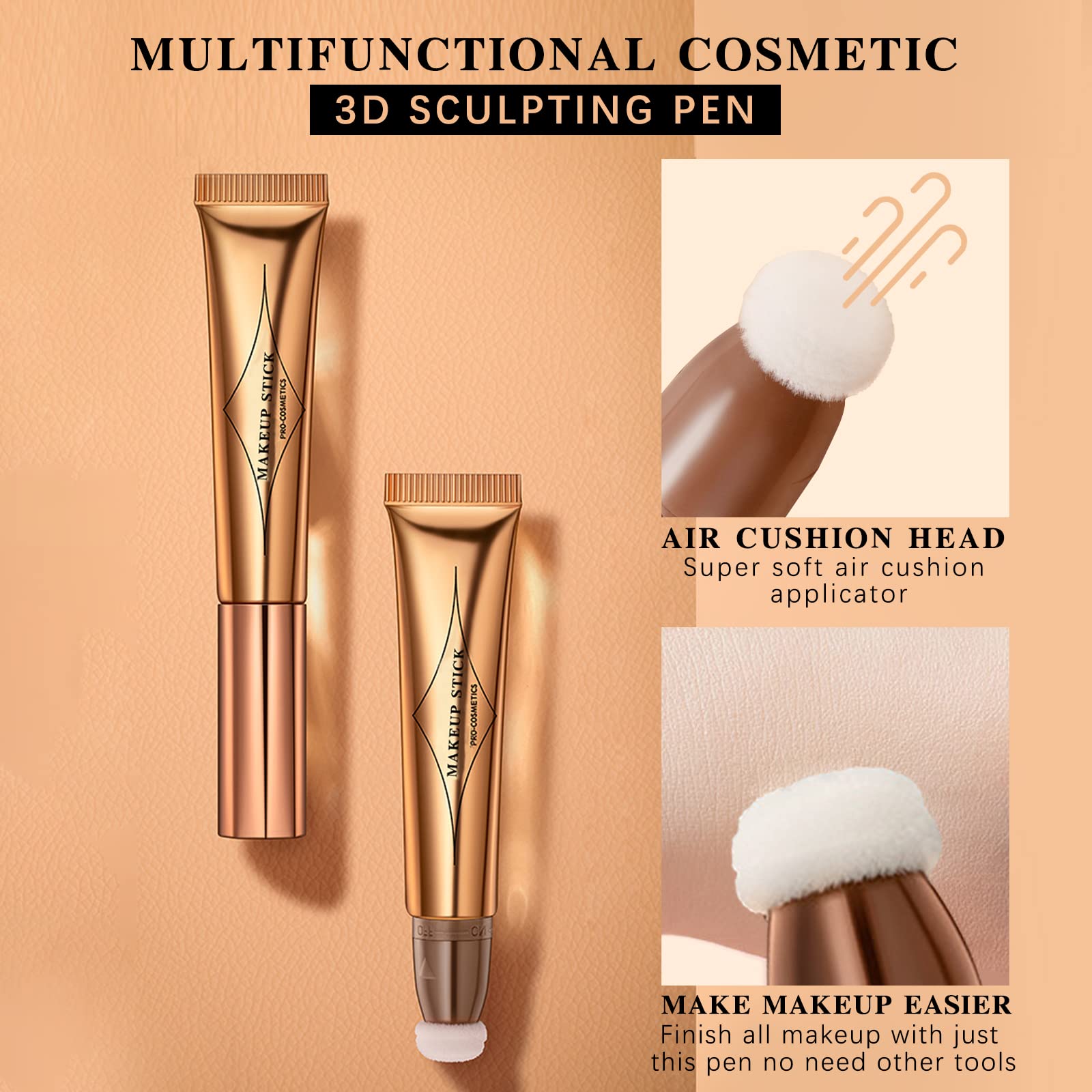 NewBang 3pcs Contour Beauty Wand Blush Highlighter Contouring Stick Set With Cushion Applicator Liquid Cream Face Rouge Bronzer Luminizers Pen Trio Smooth Blendable Moisturizing Waterproof Makeup