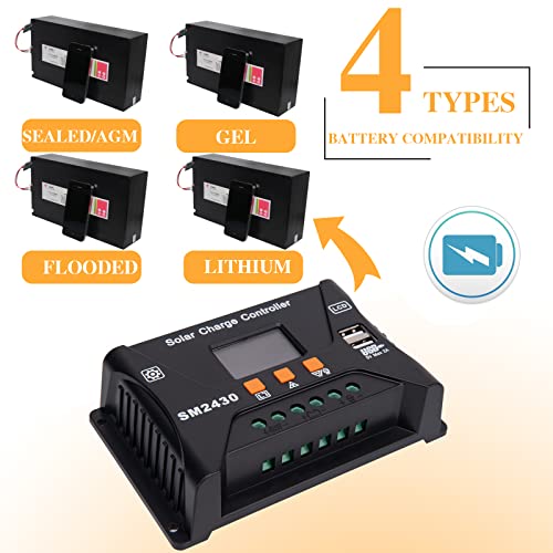 PWM Solar Charge Controller 12V 10A Waterproof, PWM Negative Ground Solar Charge Controller 12V/24V with LCD Display for AGM, Gel, Flooded and Lithium Battery