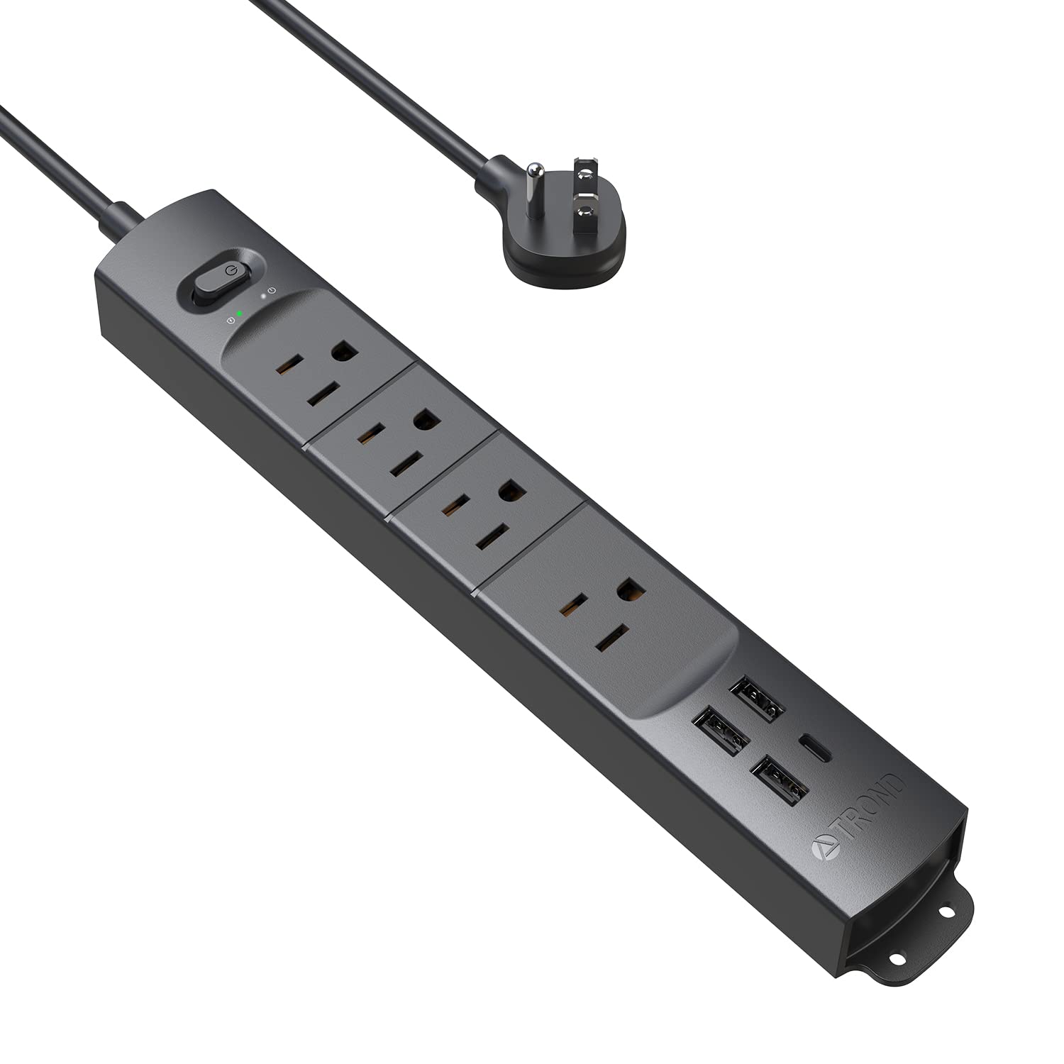 TROND Surge Protector Power Strip with USB, Ultra Thin Flat Plug 3ft Extension Cord 1625W, 3 USB A & 1 Type C, 4 AC Outlets 1440J Surge Protection Wall Mount for Home Office Dorm Room, Black