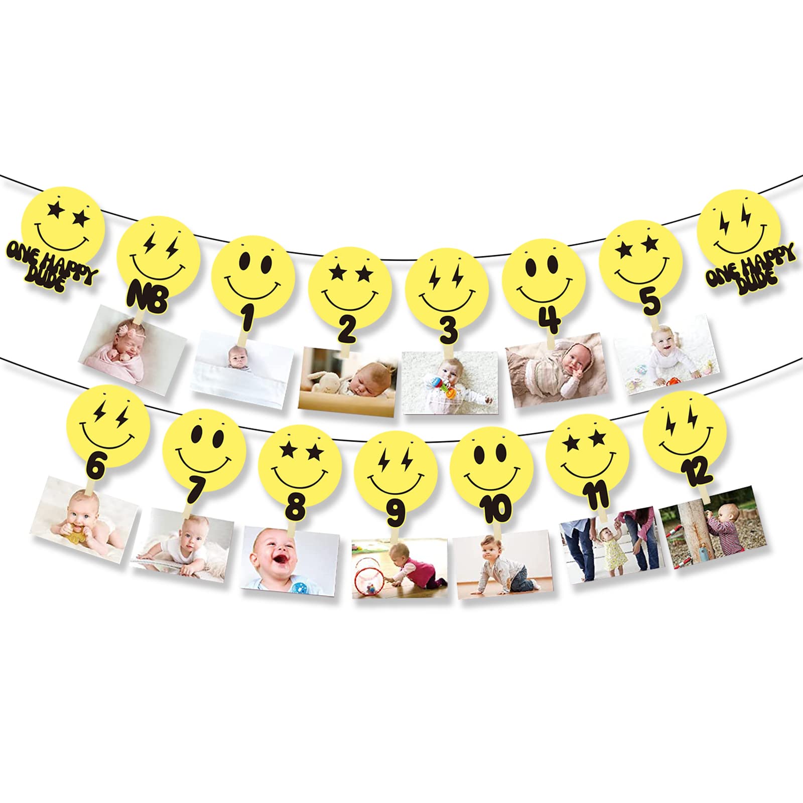 One Happy Dude Monthly Photo Banner - 1st Birthday Monthly Banner Baby Boy 12 Month Photo Display Milestone Photography Bunting Garland for Hippie Groovy One 1 Year Old First Birthday Party
