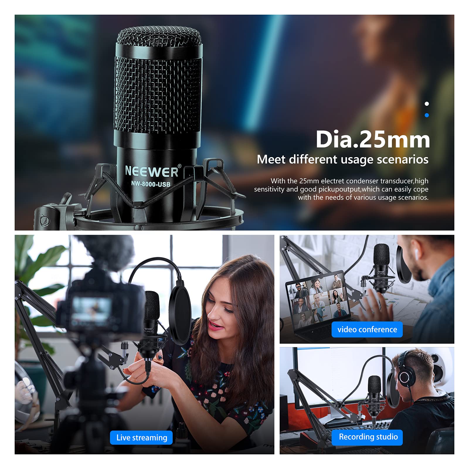 Neewer Upgraded USB Microphone Kit with 25mm Large Capsule, 192KHZ/24BIT Plug & Play Cardioid Podcast Condenser Mic with Pro Sound Chipset for Home/Studio Recording, Gaming, Streaming(NW-8000-USB)