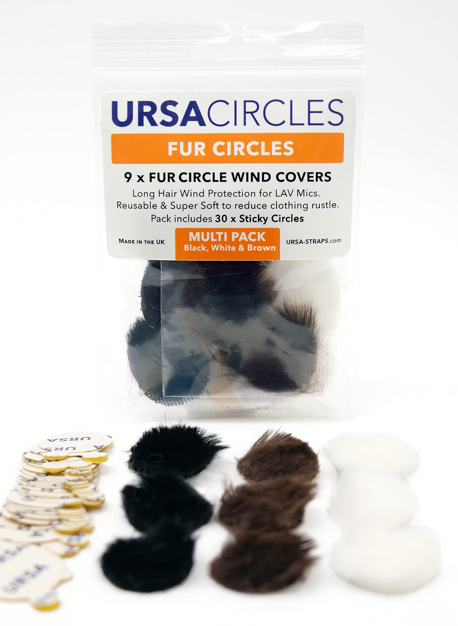URSA Fur Circles - Mini Windshields for Lavalier/Lapel Microphones. Reduce Wind Noise & Clothing Rustle. Compatible with Sennheiser, RODE, Sanken, Tascam & More (9x Circles + 30x Stickies, MultiPack)