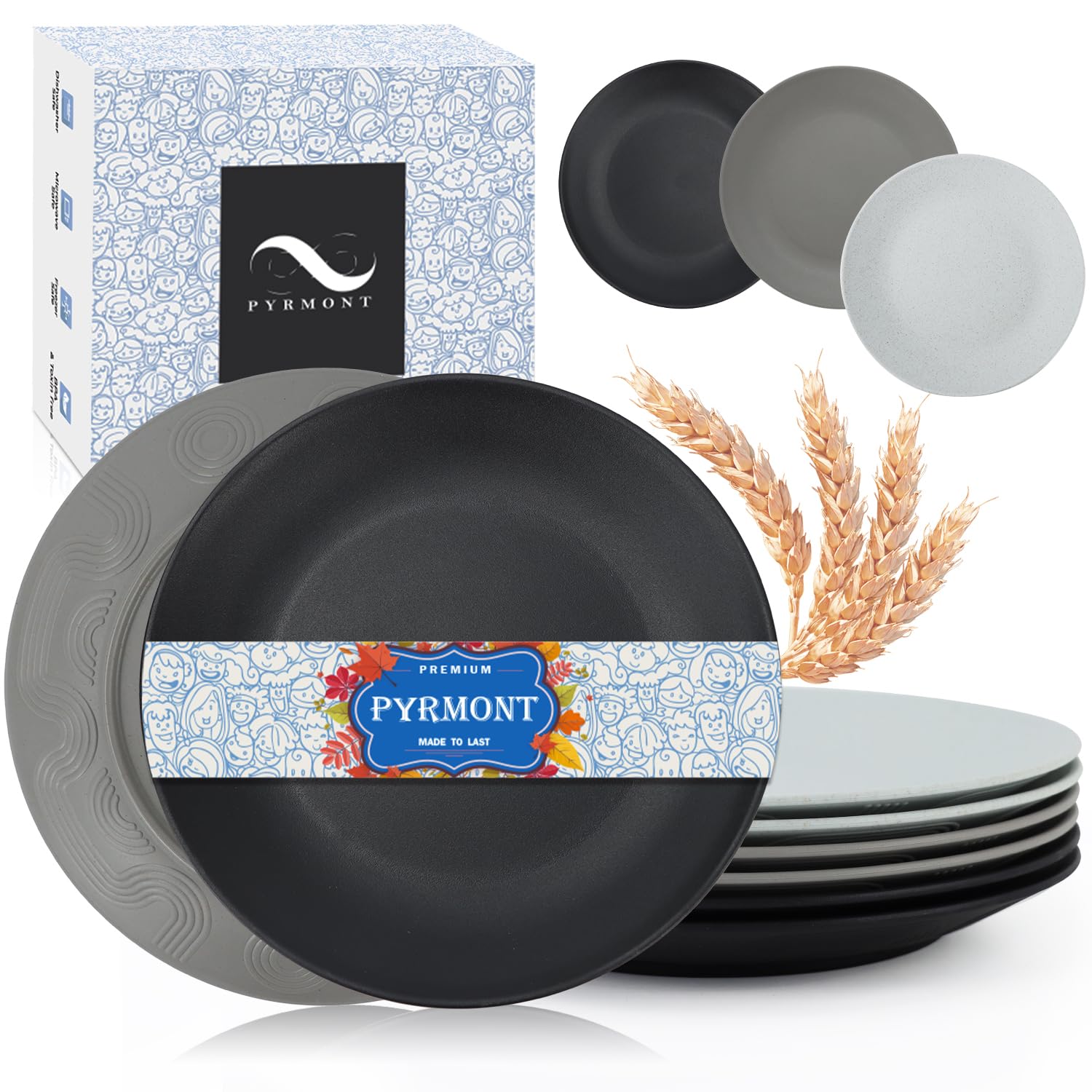 PYRMONT 9-Inch Plastic Plates Reusable Plastic Plates Camping Plates of 6 Lightweight Wheat Straw Plates Dishes Plates Set Salad Plates Dinner Plates Dishwasher & Microwave Safe, BPA Free