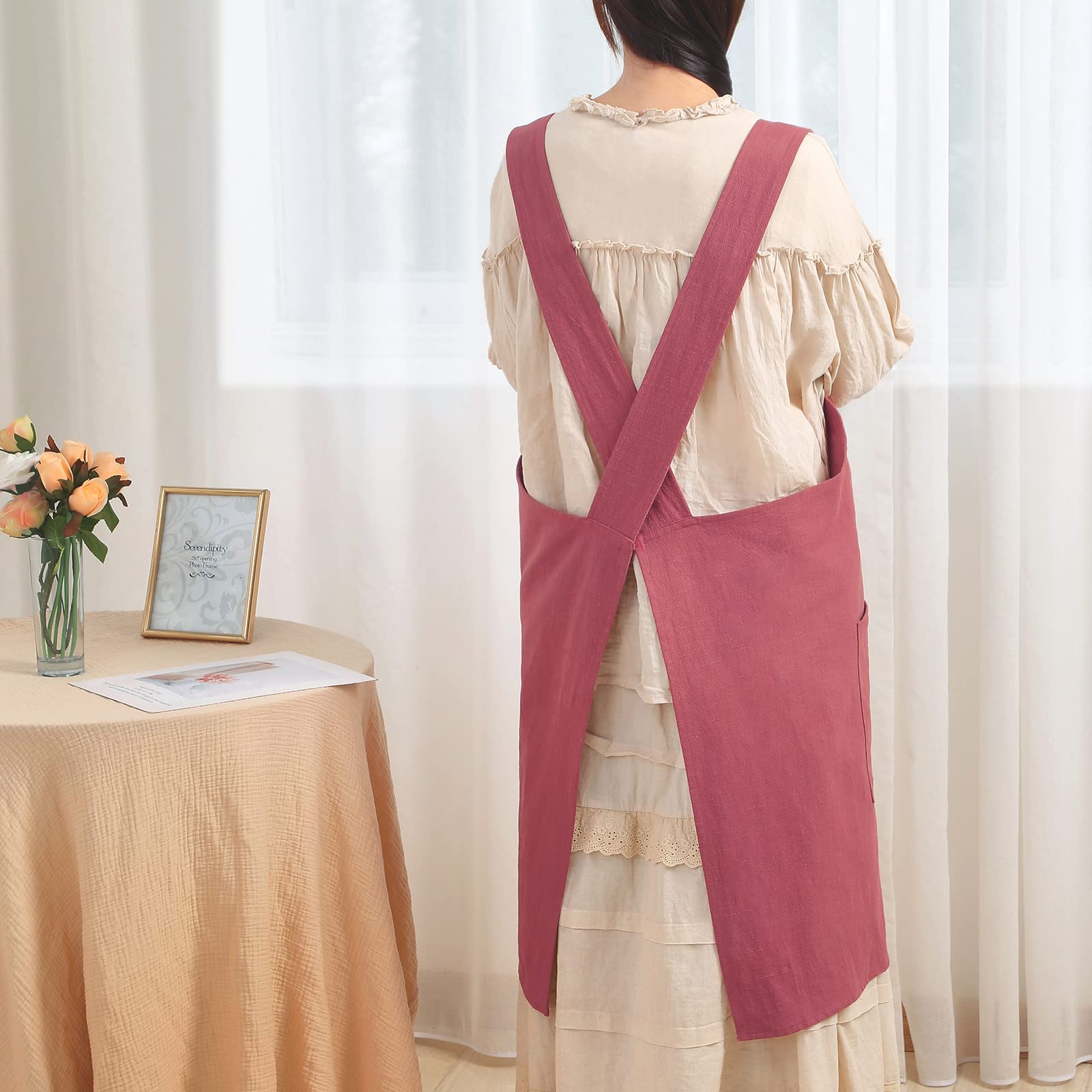 Tobyan Soft Cotton Linen Apron for Women - Non-tie Cross Back Apron with Pockets, Great for Florist and Kitchen (Wine Red)