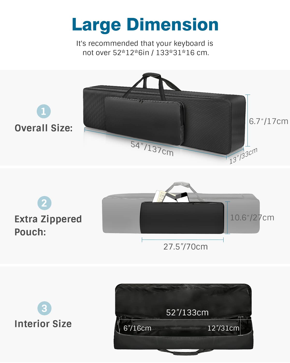 STNFAREBI 88 Key Keyboard Case Soft (Interior Size:52"*12"*6") for Electric Piano Keyboard Gig Bag with Adjustable and Portable Backpack Shoulder Strap and 6mm Papped Cotton